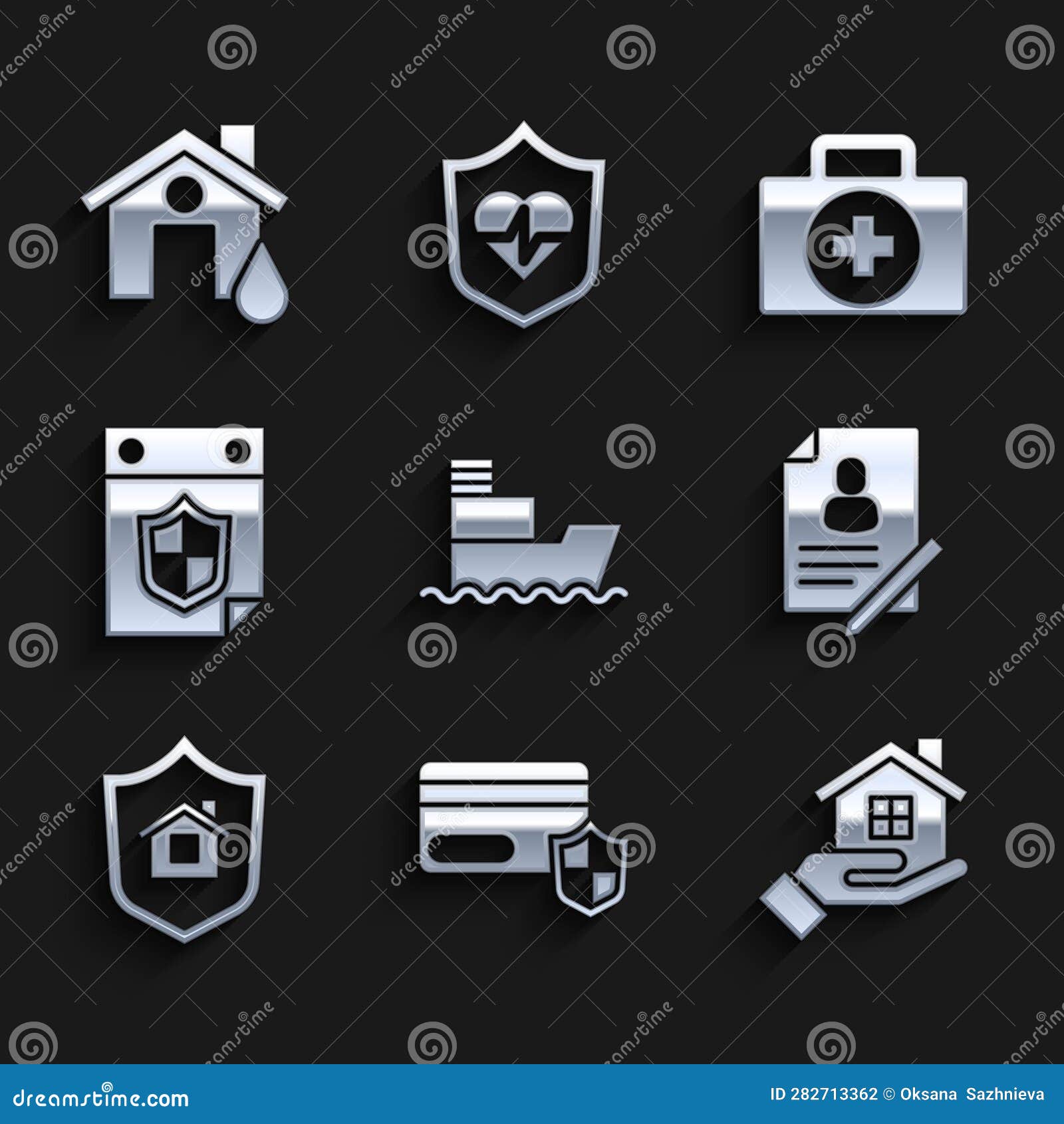 Set Ship, Credit Card with Shield, House in Hand, Document, Calendar ... Set Ship, Credit Card with Shield, House in Hand, Document, Calendar ...