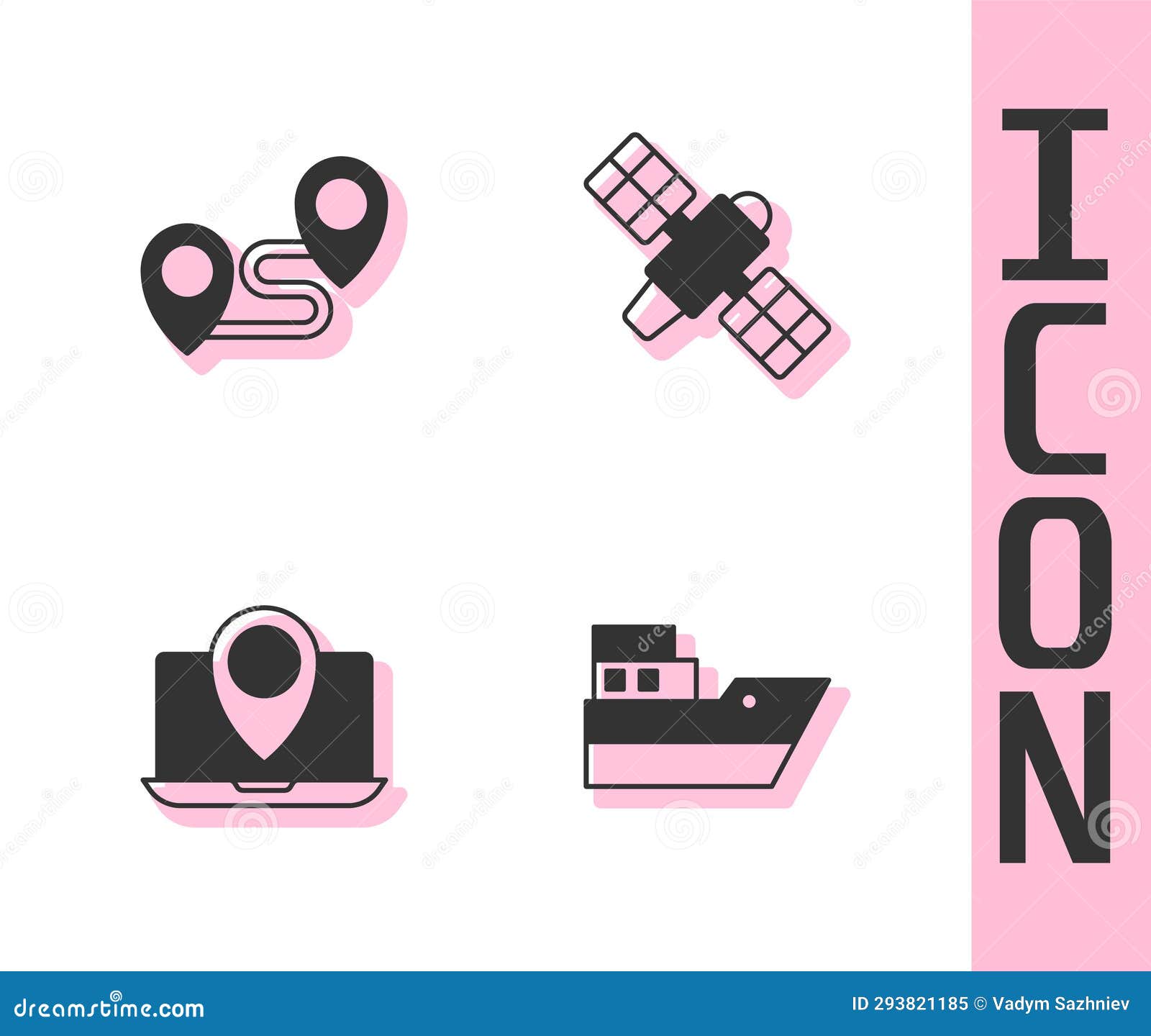 Set Ship Line Path, Route Location, Laptop with Marker and Satellite ...