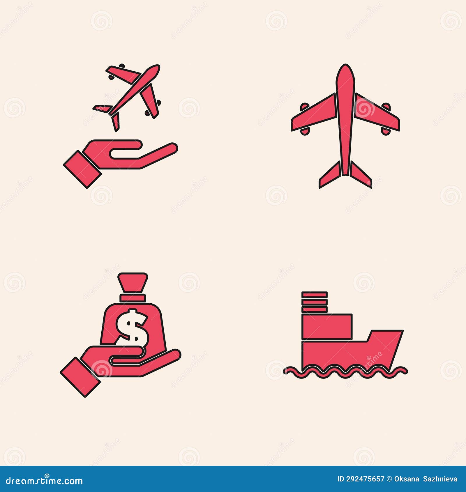 Set Ship, Plane in Hand, and Money Icon. Vector Stock Illustration ...