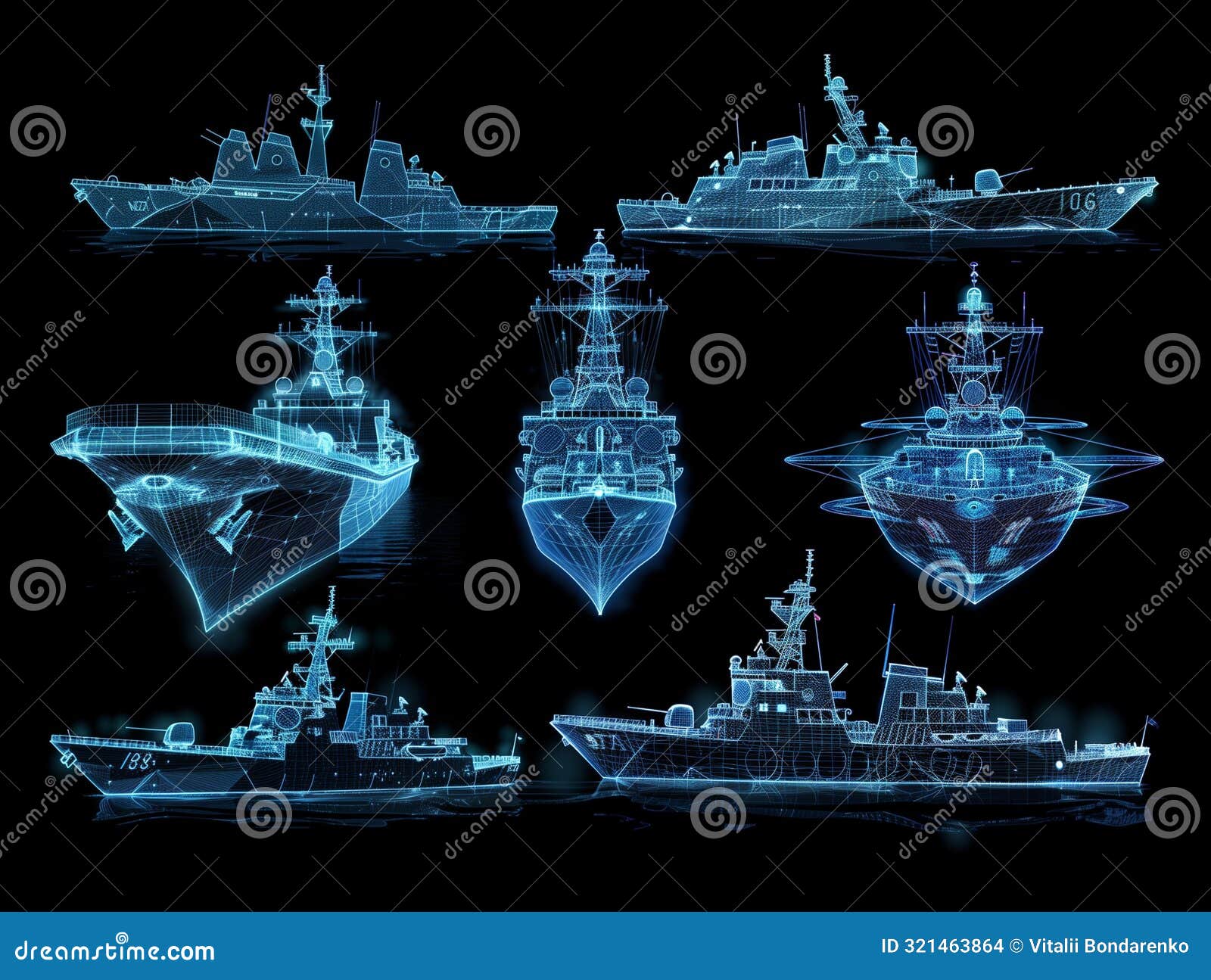 Set of Ships in Blue Light on a Black Background. 3d Illustration ...