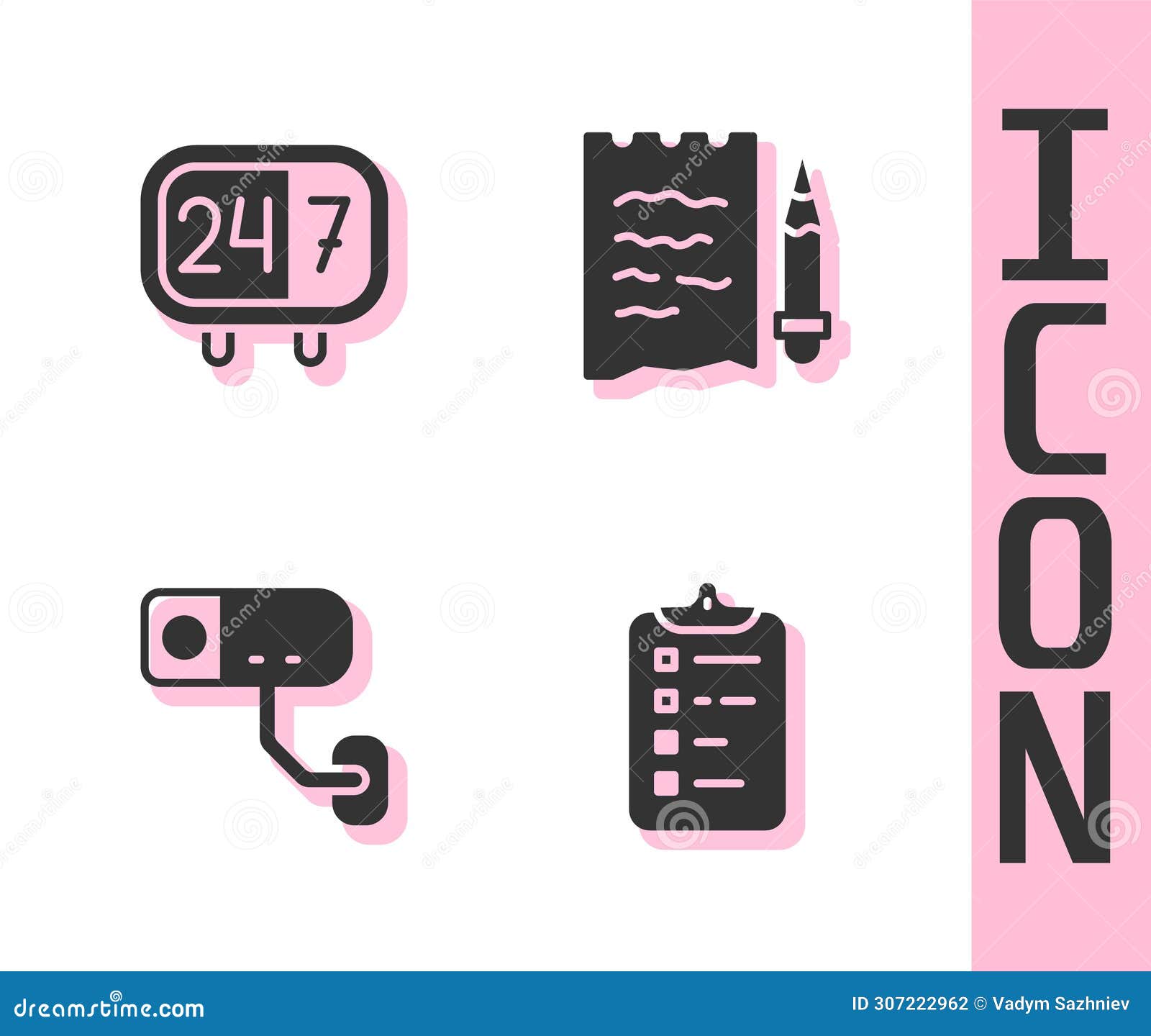 Set Shopping List, Clock 24 Hours, Security Camera and and Pencil Icon ...
