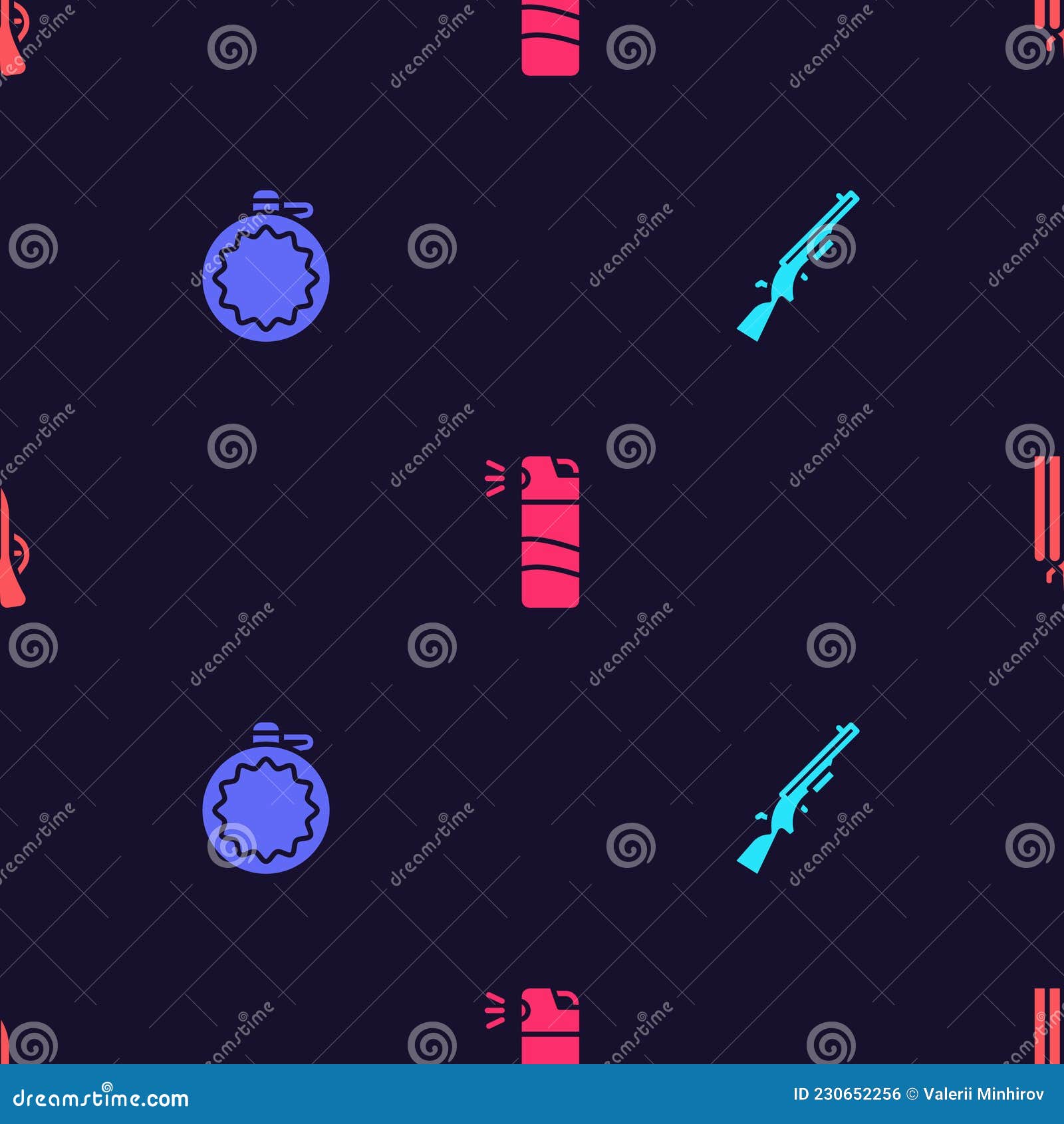Set Shotgun, Canteen Water Bottle, Pepper Spray and on Seamless Pattern ...