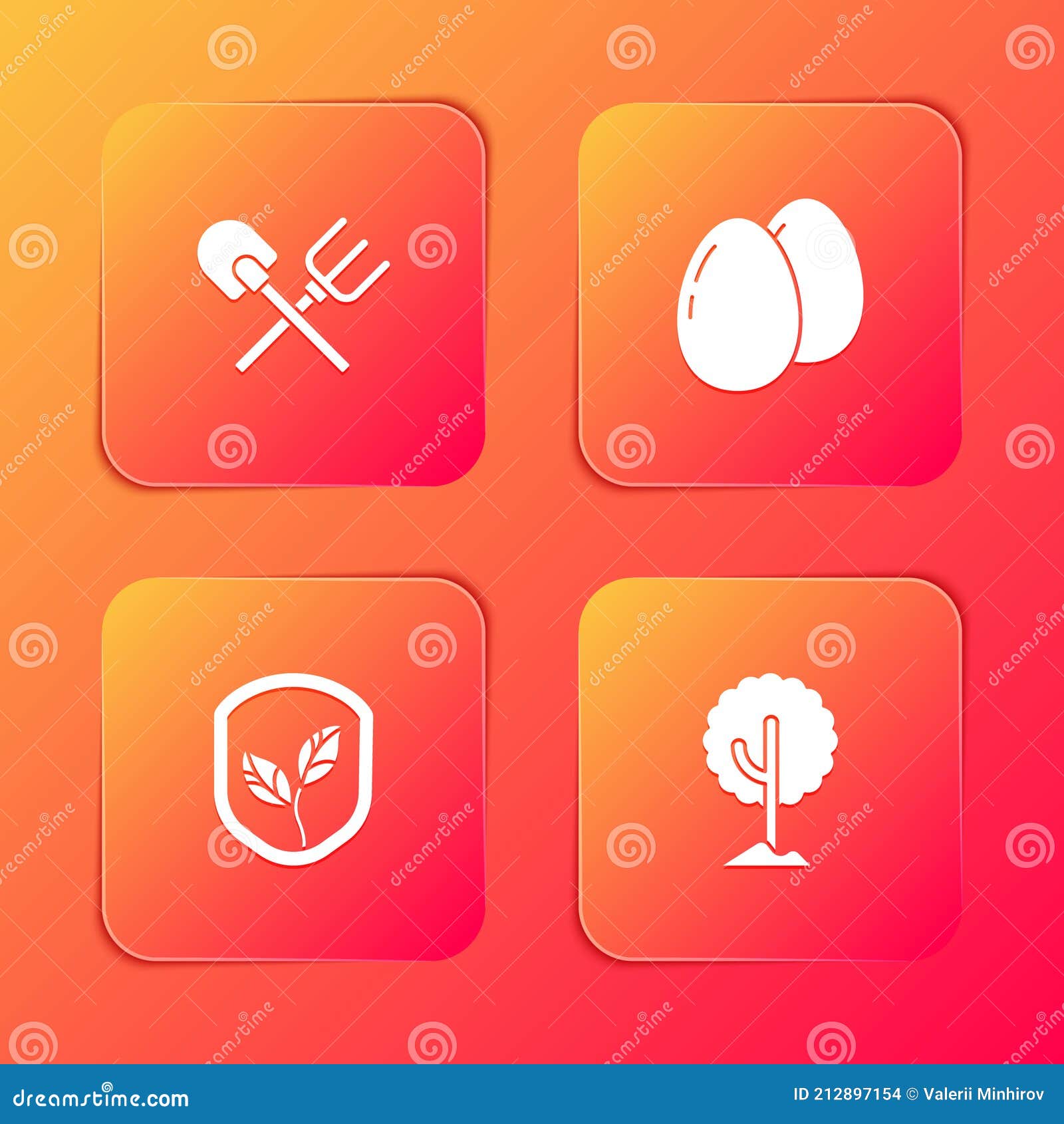 Set Shovel and Rake, Chicken Egg, Shield with Leaf and Tree Icon ...