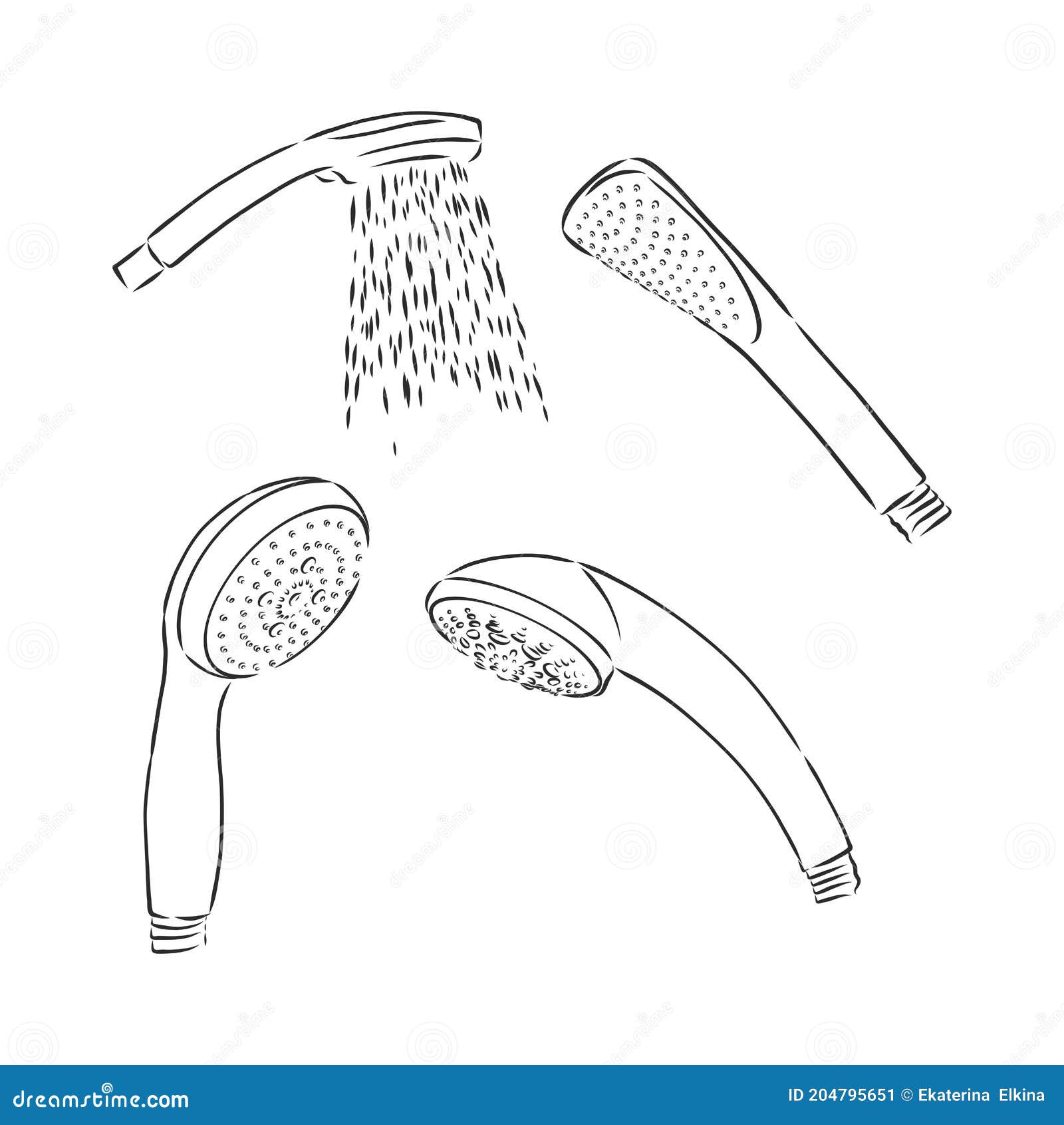 Set of Shower Head with Flowing Water, Doodle Style, Sketch ...
