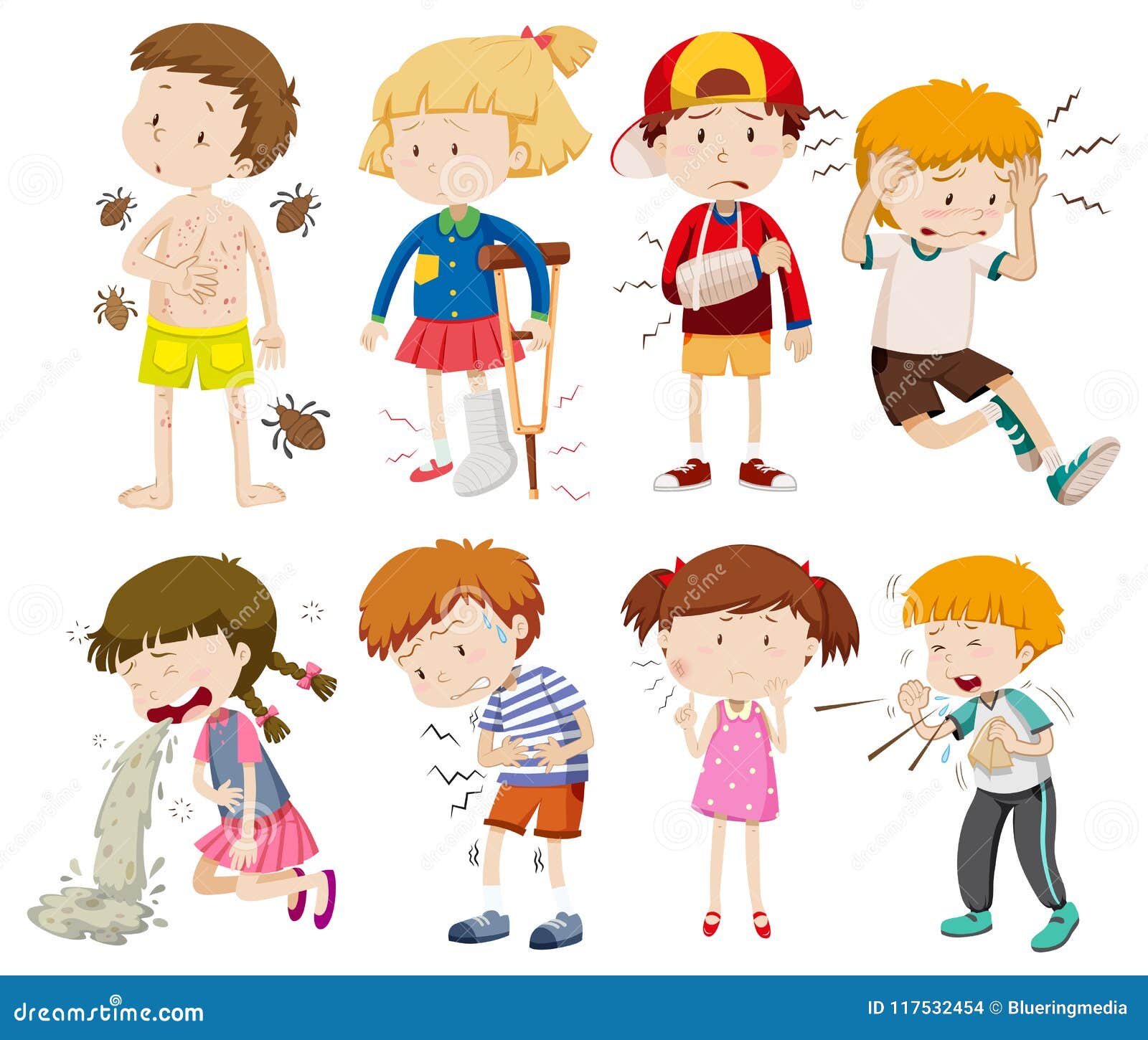 Sick Children Vector Illustration Set, Cartoon Flat Kids Bad Health ...