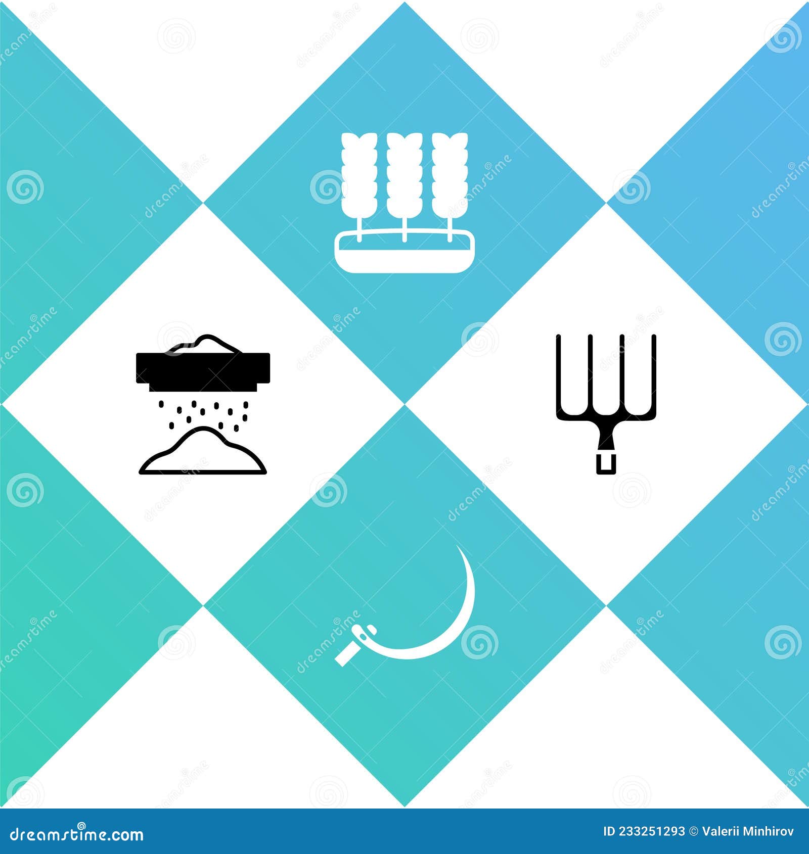 Set Sifting Flour, Sickle, Wheat and Garden Pitchfork Icon. Vector ...