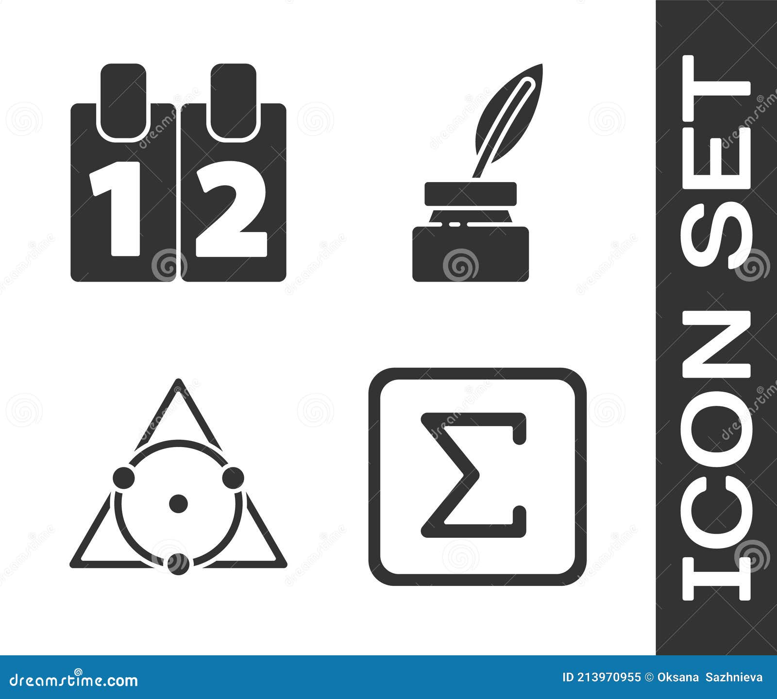 Set Sigma Symbol, Calendar, Triangle Math and Feather and Inkwell Icon ...
