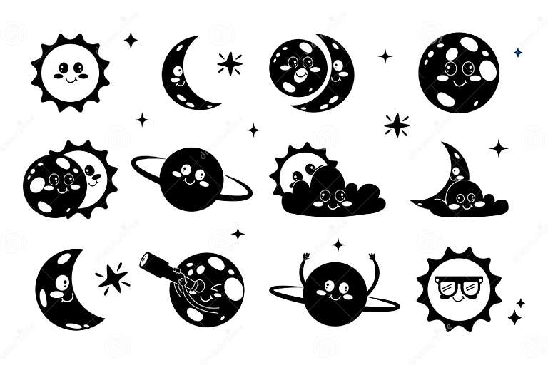 Set of Silhouette Kawaii Solar Eclipse Elements in Flat Cartoon Style ...