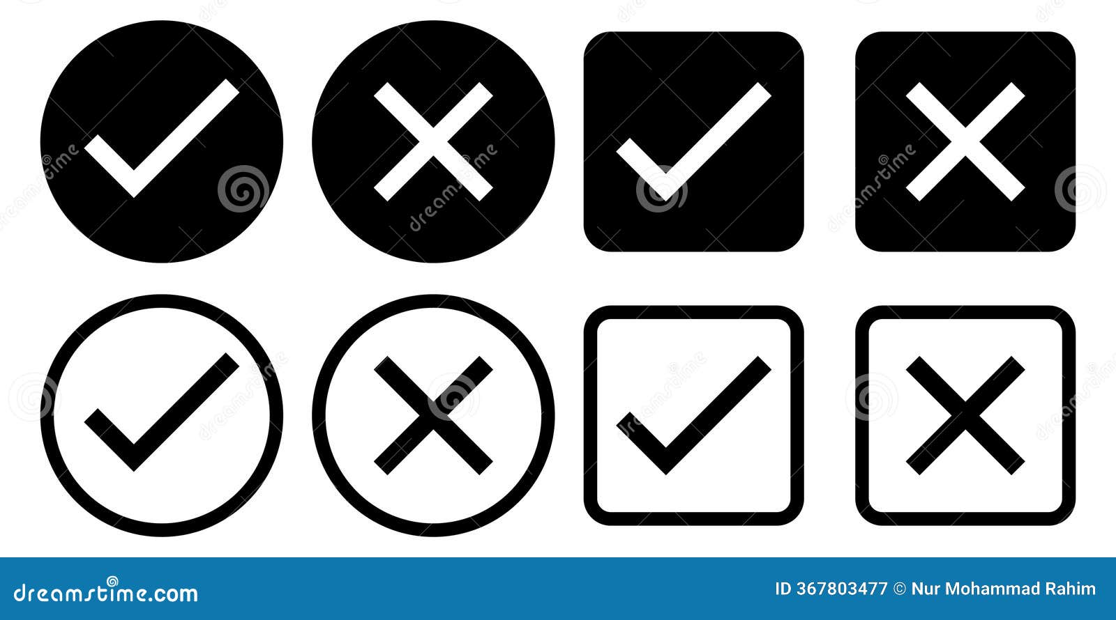 Checkmark And Cross Grunge Set. Confirm And Ban Black Sign Collection ...
