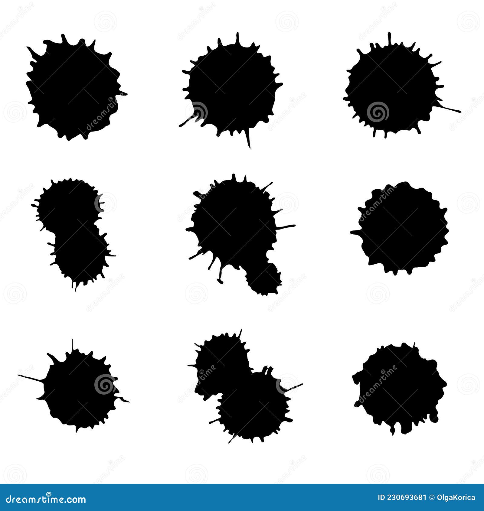 Set of Silhouette Paint Stains, Splatter Random Drops, Vector Blot ...