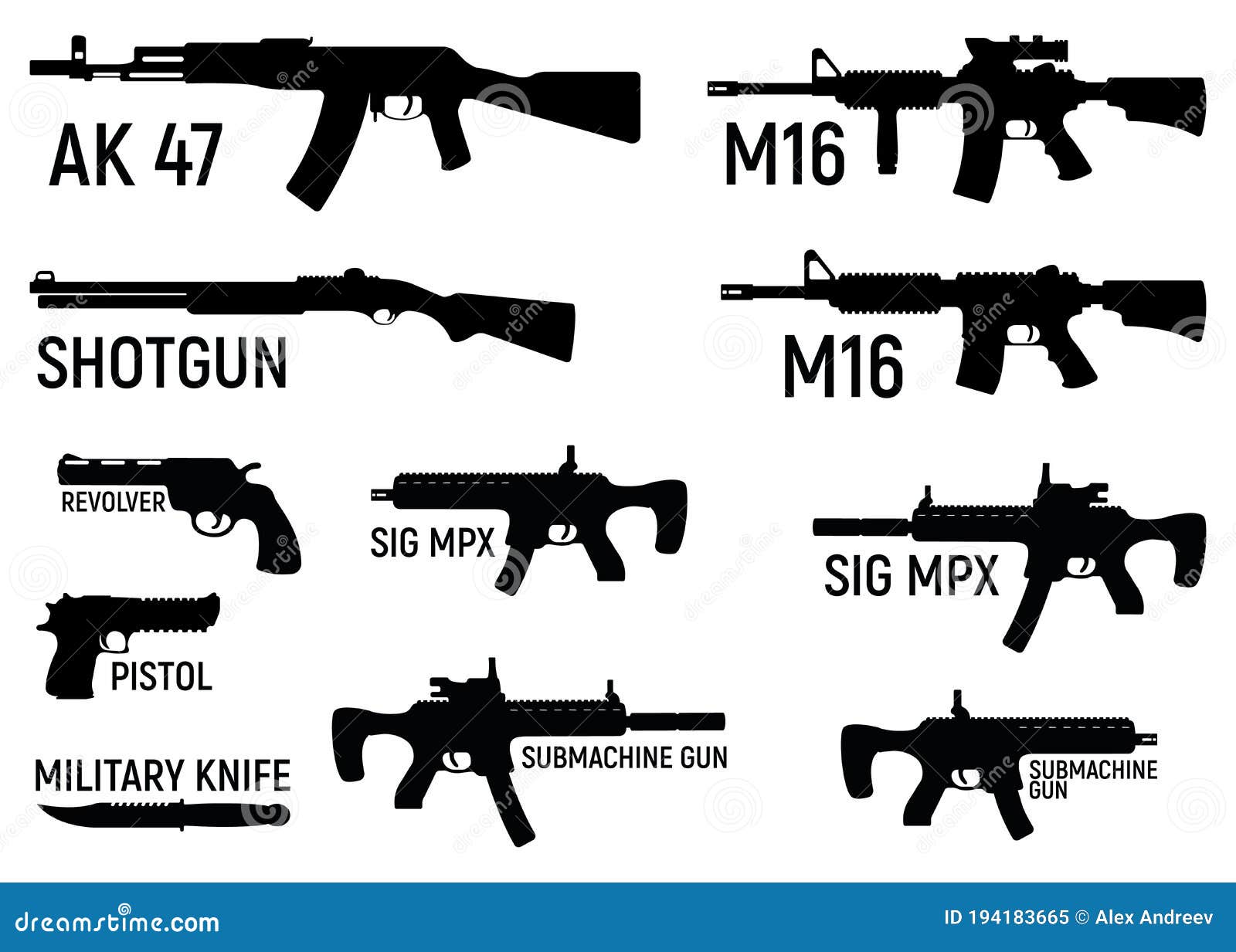 Set Of Silhouette Weapon Military Rifle, Revolver And Pistol, Shotgun ... Set Of Silhouette Weapon Military Rifle, Revolver And Pistol, Shotgun ...