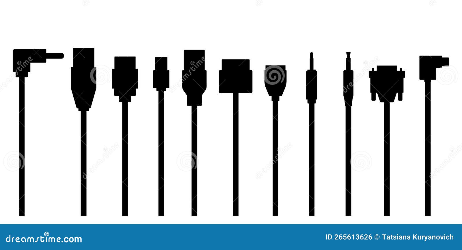 Set of Silhouettes of Cable Wire Computer, Connector Usb and Audio ...