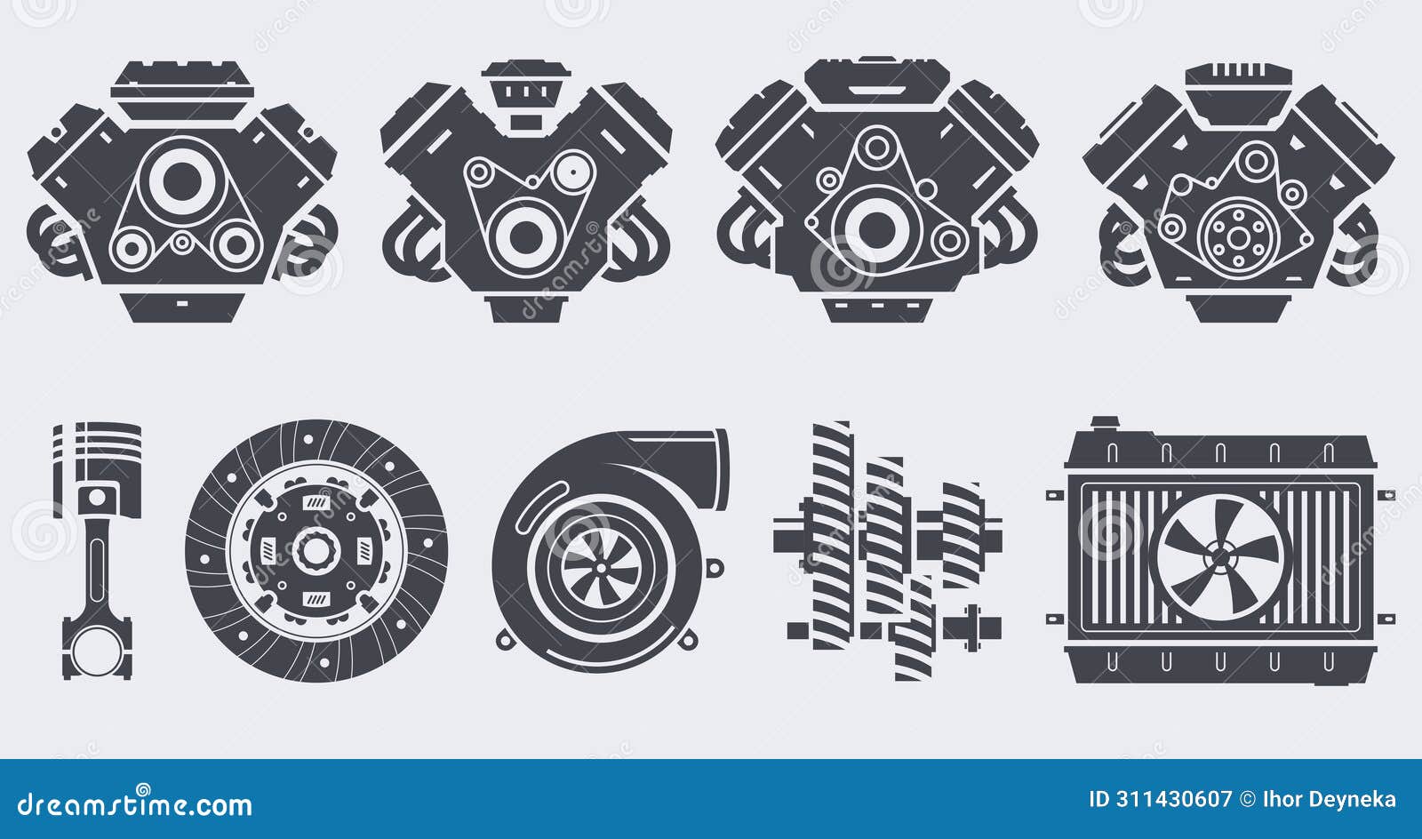 Set of Silhouettes of Car Engines and Other Details. Car Parts Icons ... Set of Silhouettes of Car Engines and Other Details. Car Parts Icons ...