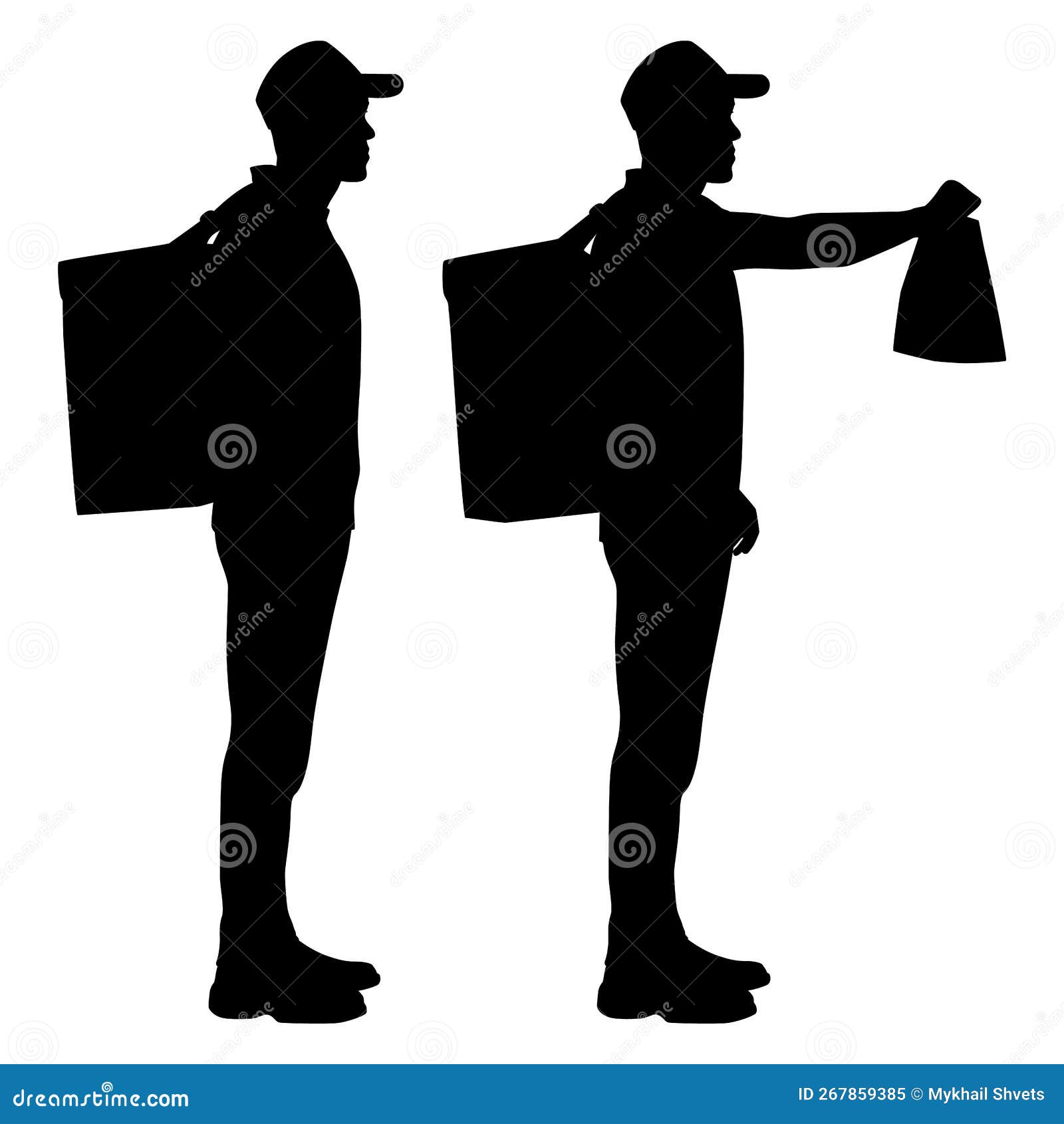 Set of Silhouettes of Delivery Guy with a Backpack. Delivery Man with a ...