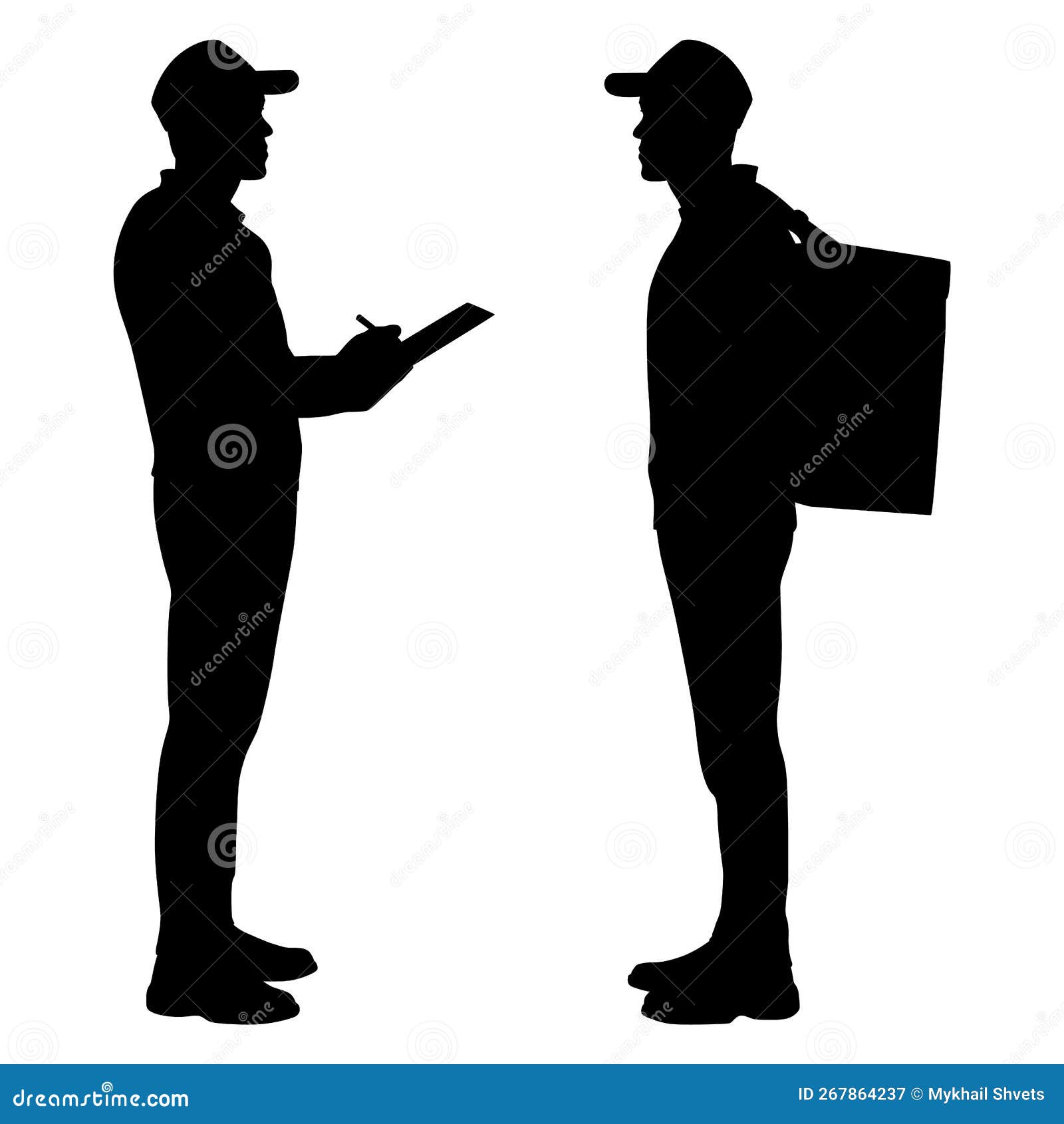 Set of Silhouettes of Delivery Guy with a Backpack. Delivery Man with a ...