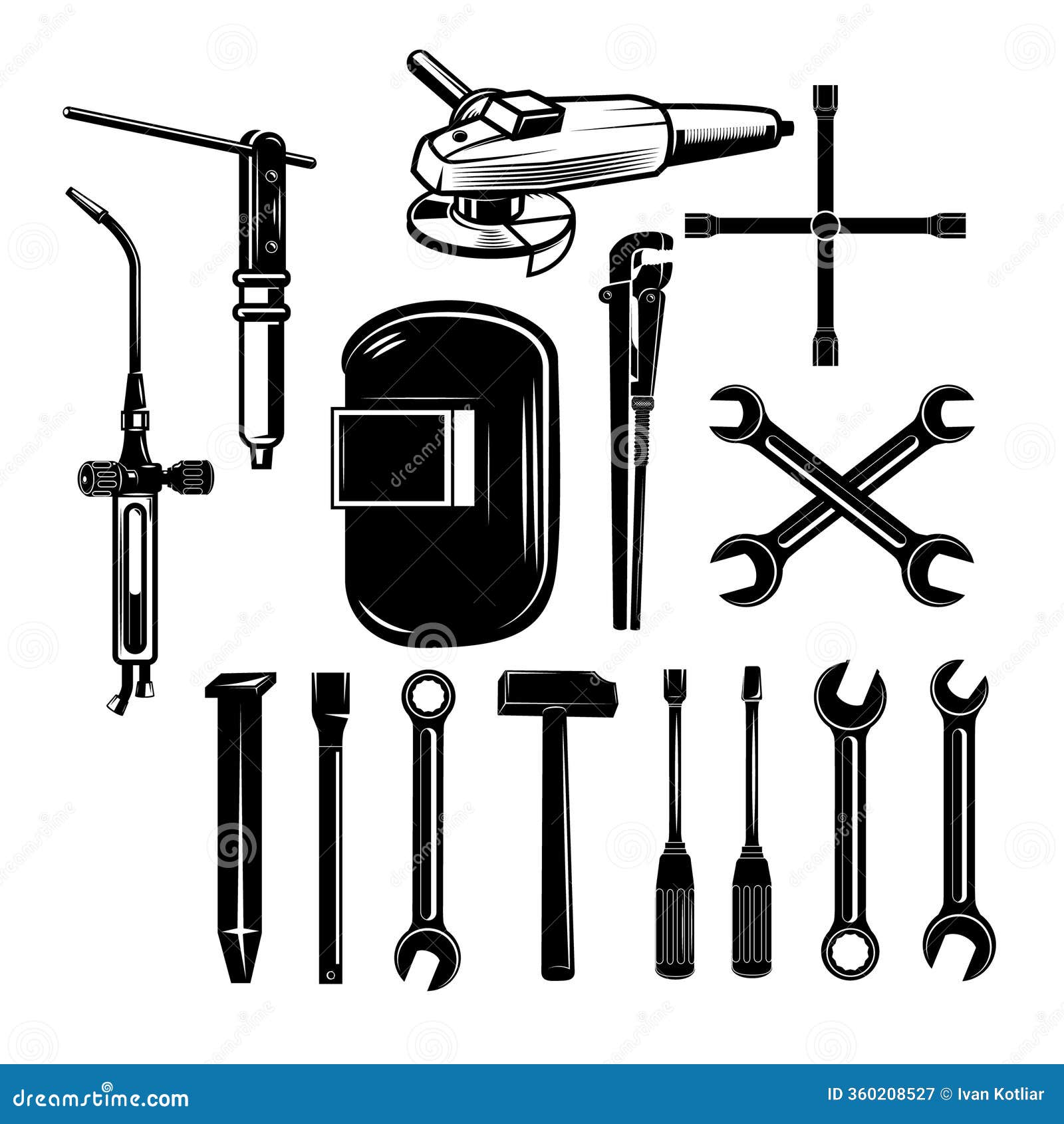 Set Silhouettes of Tools. Open-end Wrench, Adjustable Wrench, Spanner ...