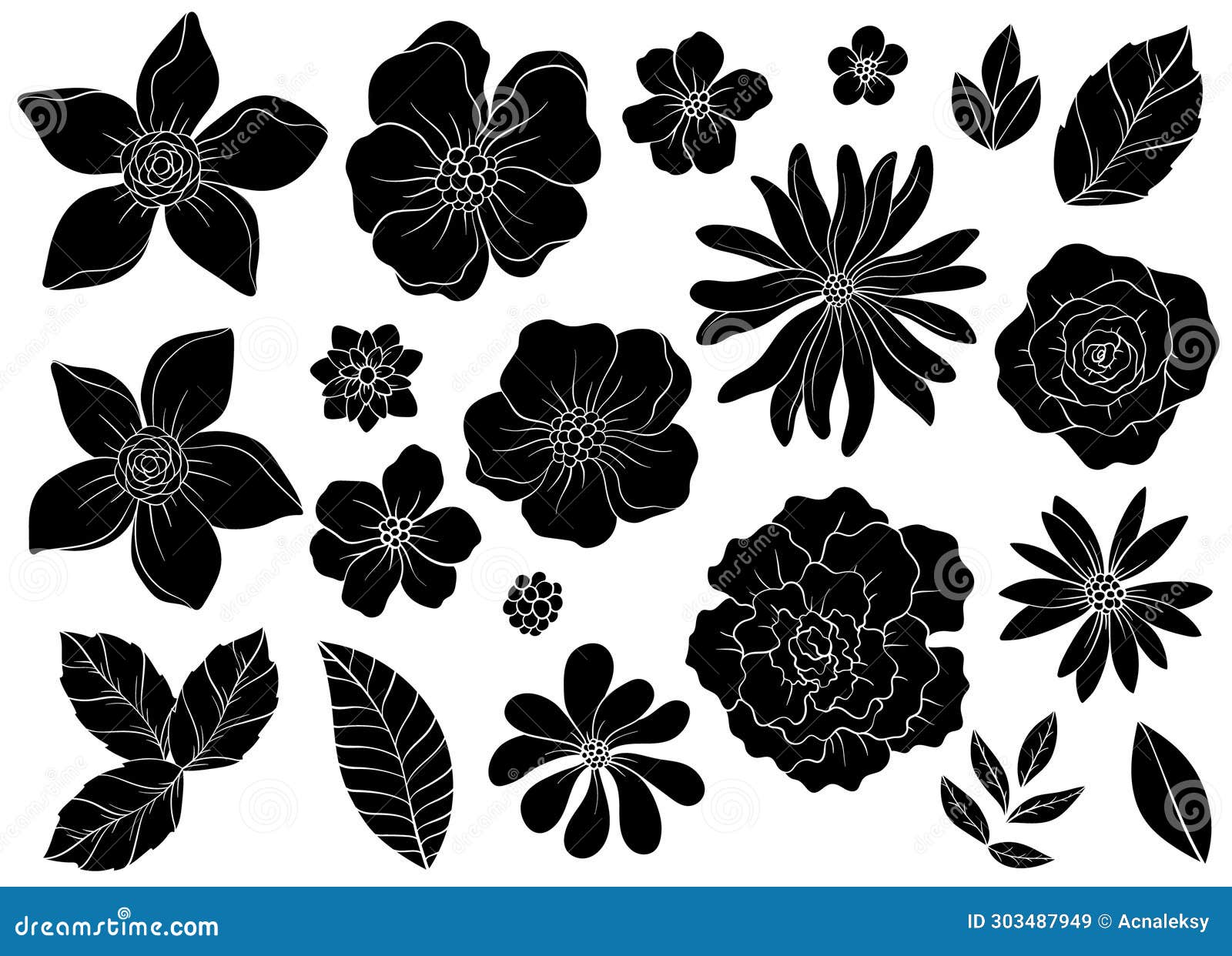 Set of Silhouettes of Wild Hand Drawn Flowers Stock Vector ...