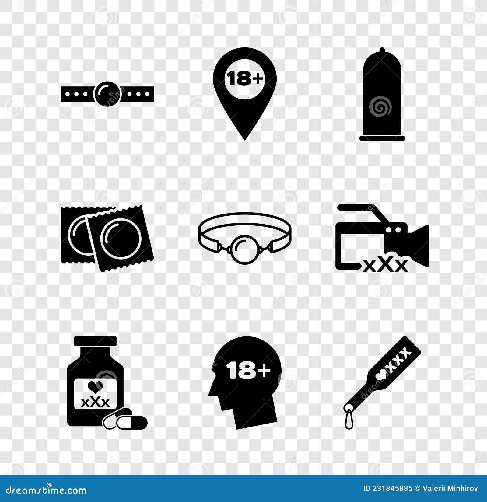 Set Silicone Ball Gag Location With 18 Plus Condom Safe Sex Bottle