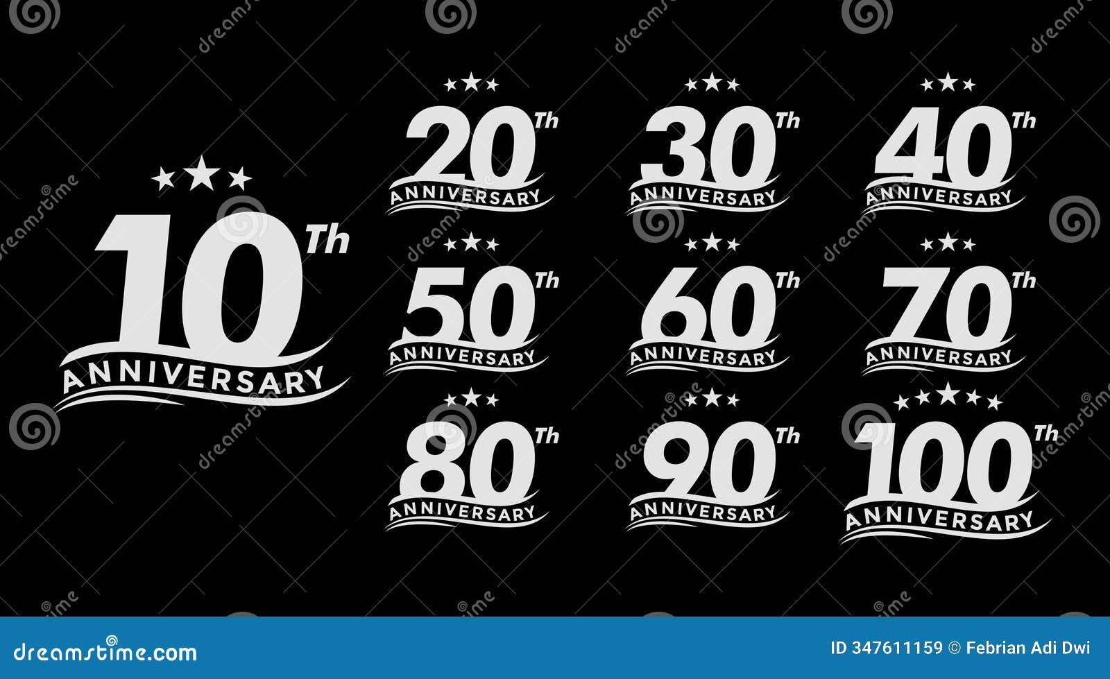 Set of Silver Anniversary Celebration Logo Vector with Stars. Premium ...