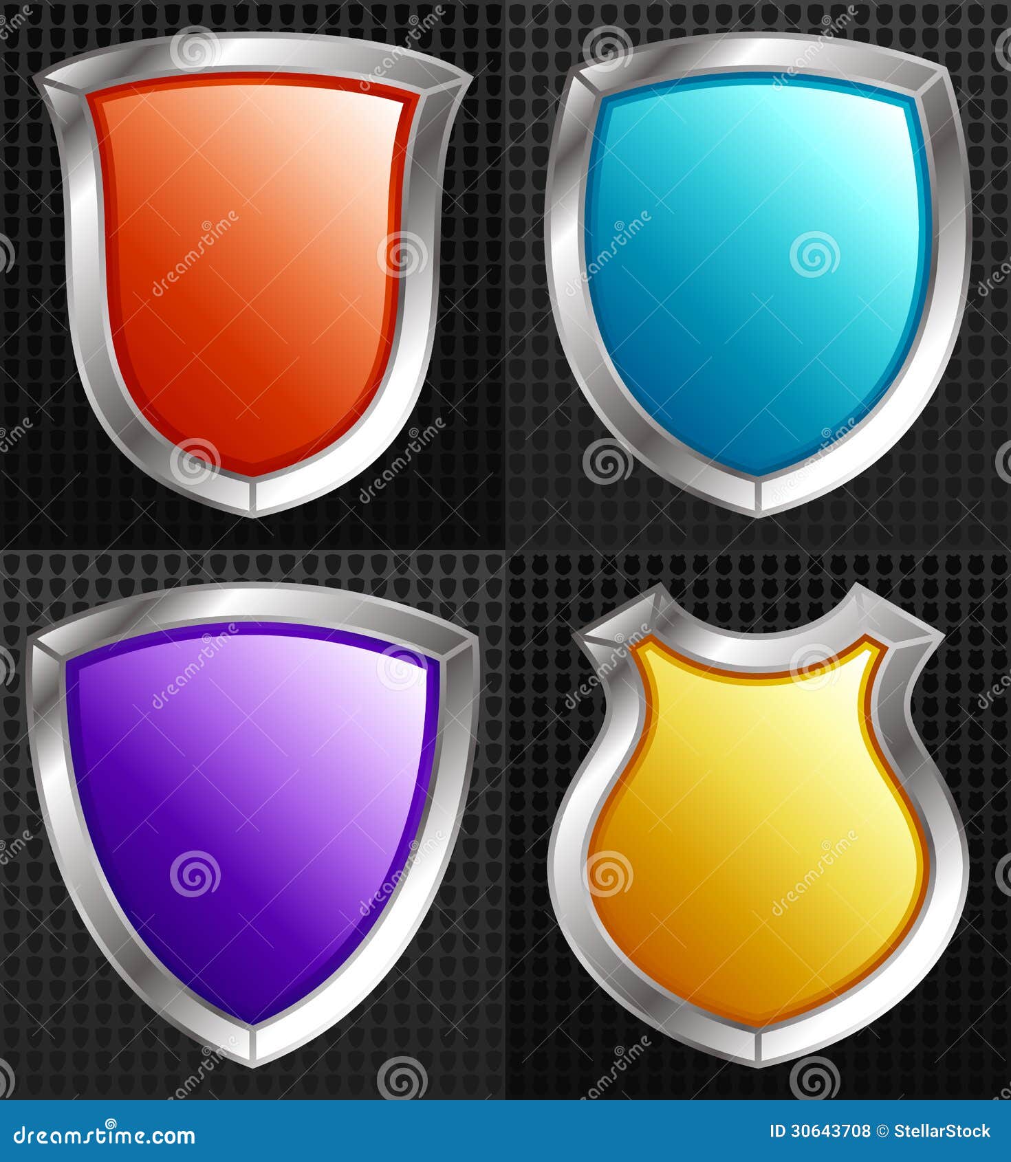 Set of 4 Silver Framed Shields Stock Vector - Illustration of blue ...