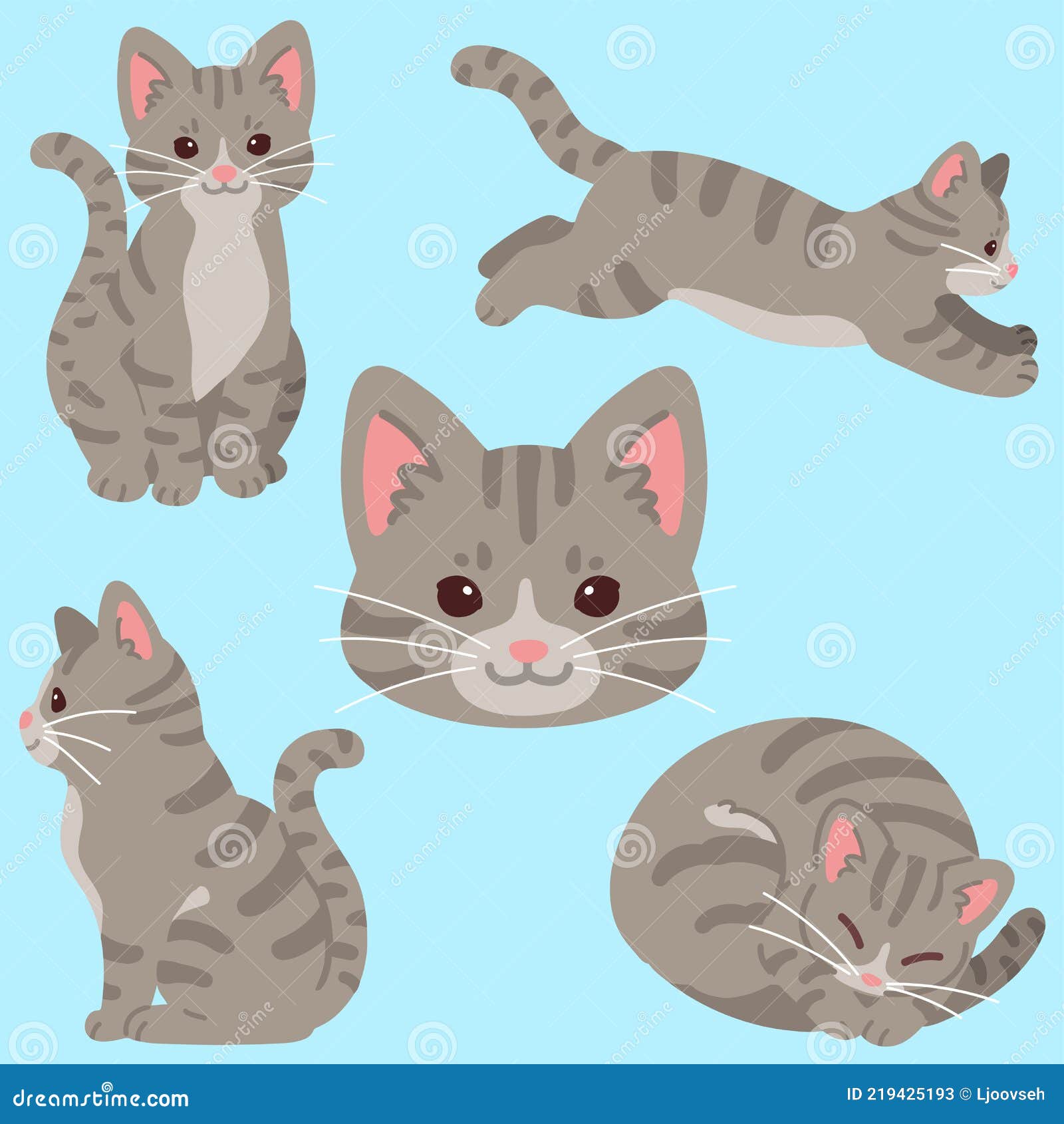 Set of Simple and Adorable Gray Tabby Cat Illustrations Flat Colored ...