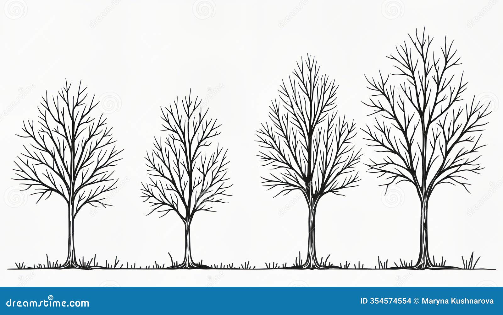 Set of Simple Black Line Art Trees. Side View. Different Tree Sizes ...