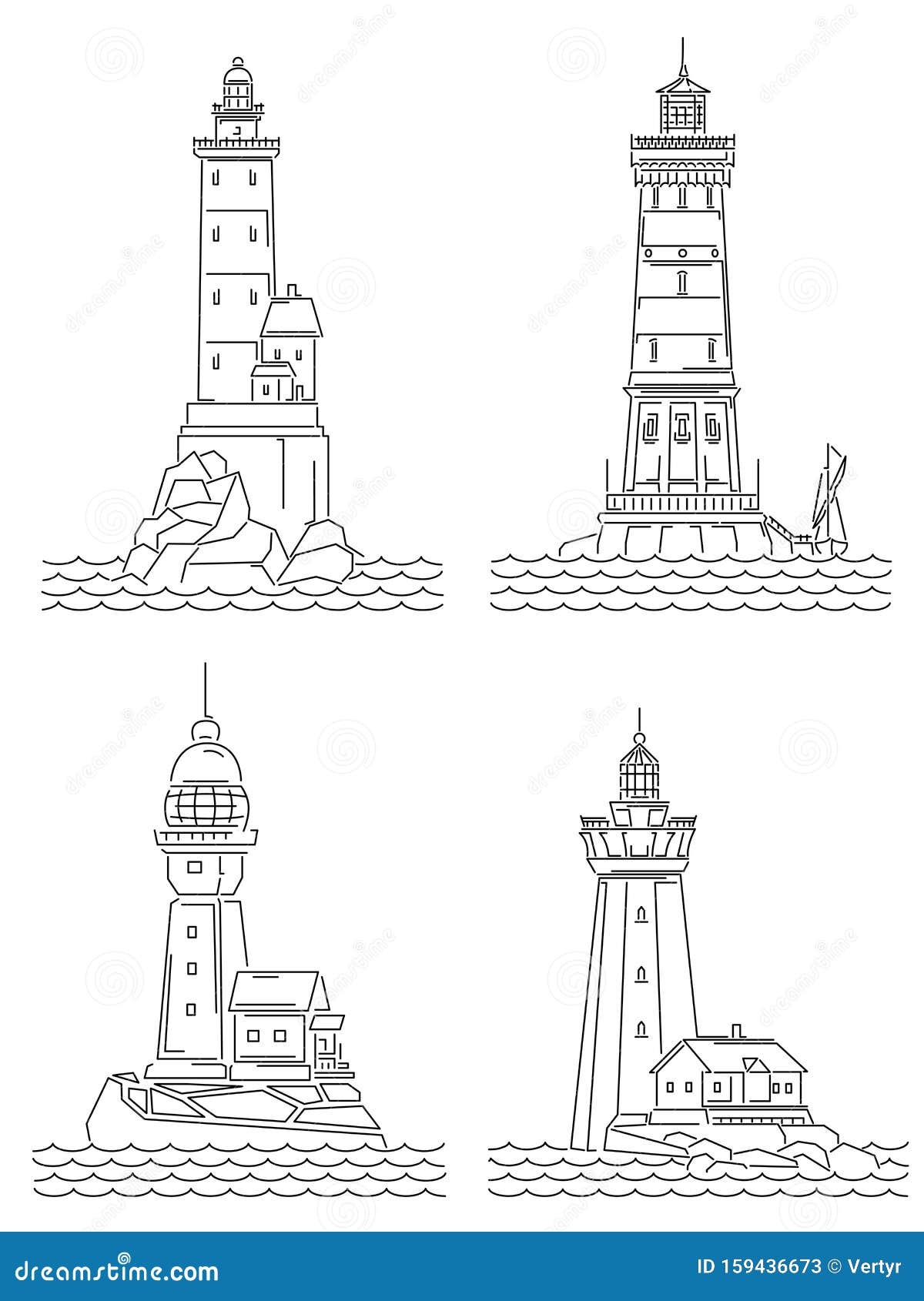 Set of Simple Line Illustrations of Lighthouse on Island. Stock Vector ...