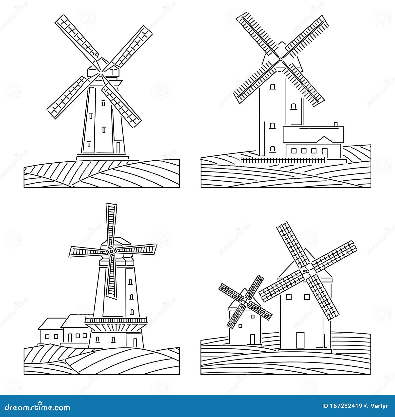 Set of Simple Line Illustrations of Windmills with Fields. Stock Vector ...