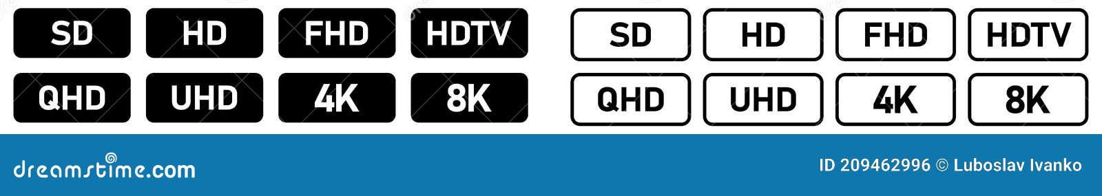 Set of Simple Black and White Video or Display Resolution Icons - Text ...