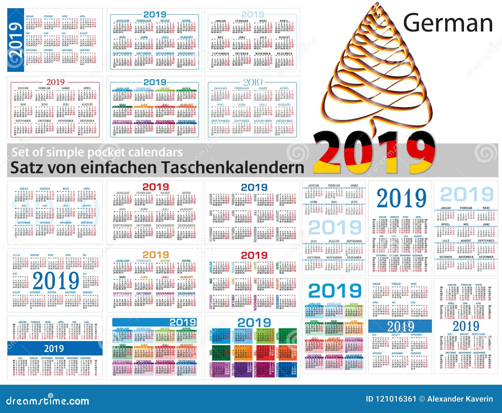 Set of Simple Calendars in German on 2019 Two Thousand Nineteen . Week ...