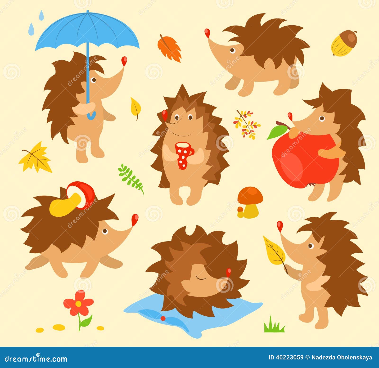 Set of Simple Cute Hedgehogs Stock Vector - Illustration of leaf ...