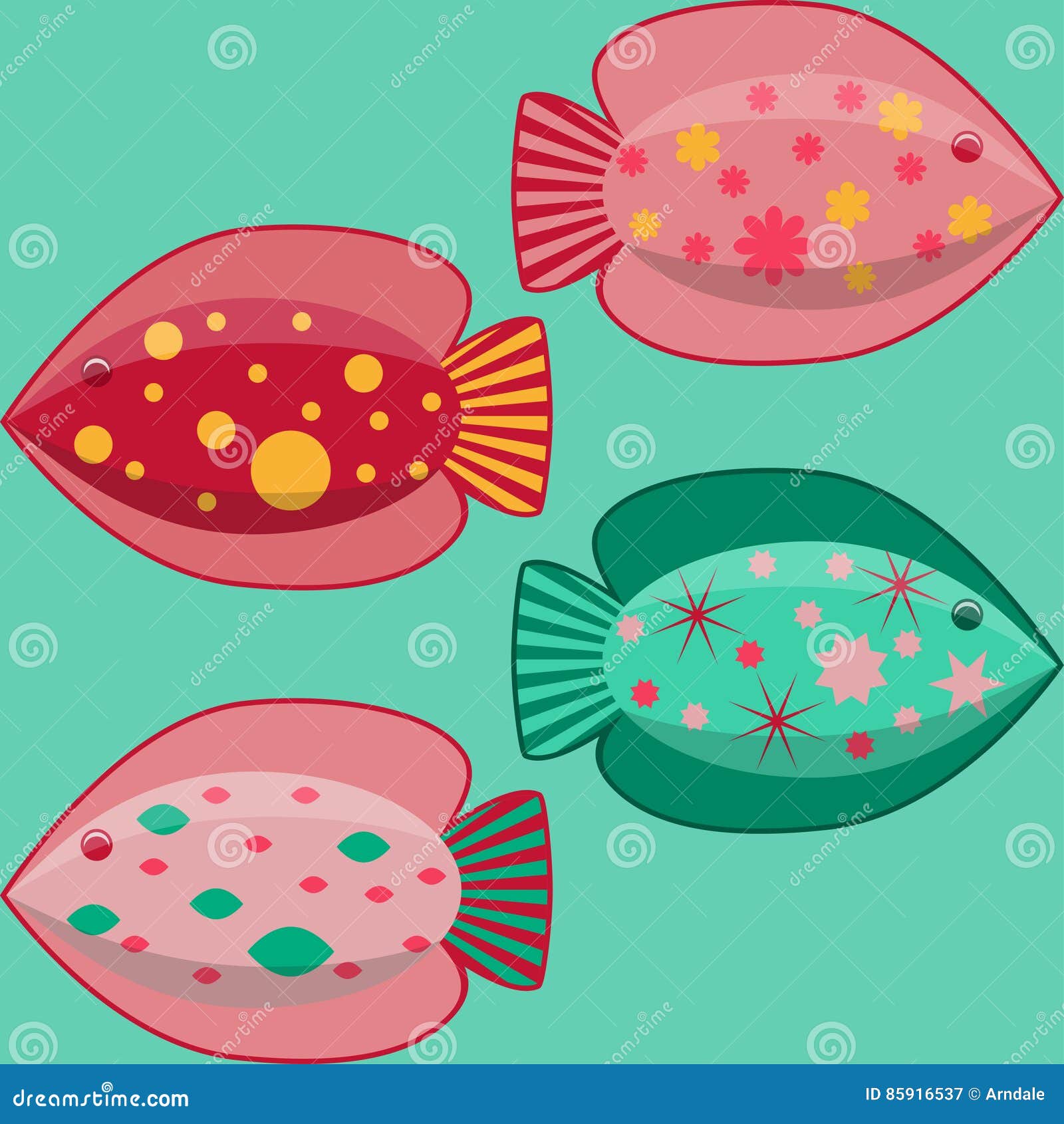 Set of the Simple Flat Fishes Decorated by Patterns Stock Illustration ...