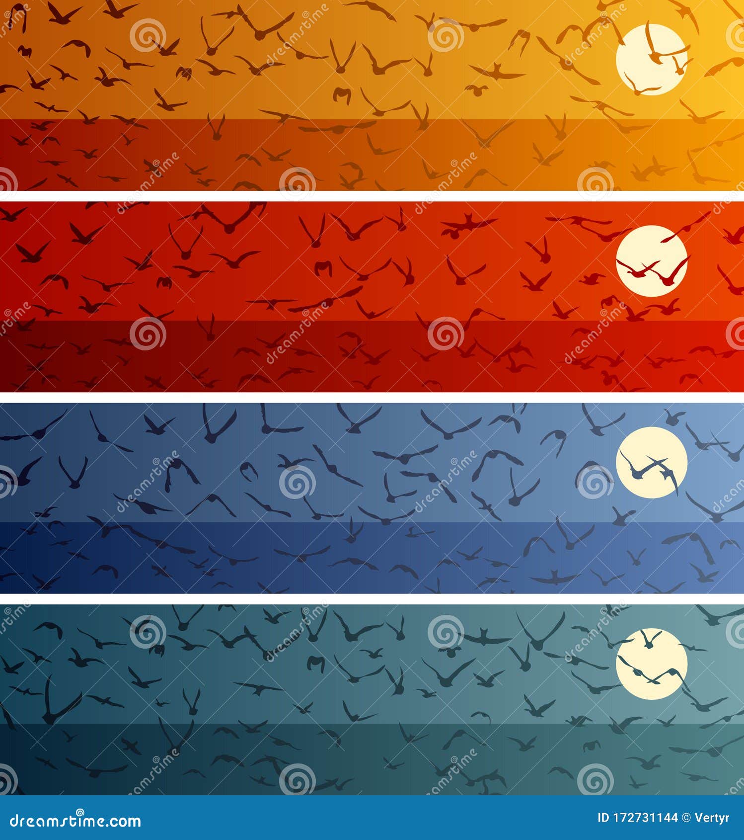 Set of Simple Horizontal Banners with a Flock of Birds at Sunset. Stock ...