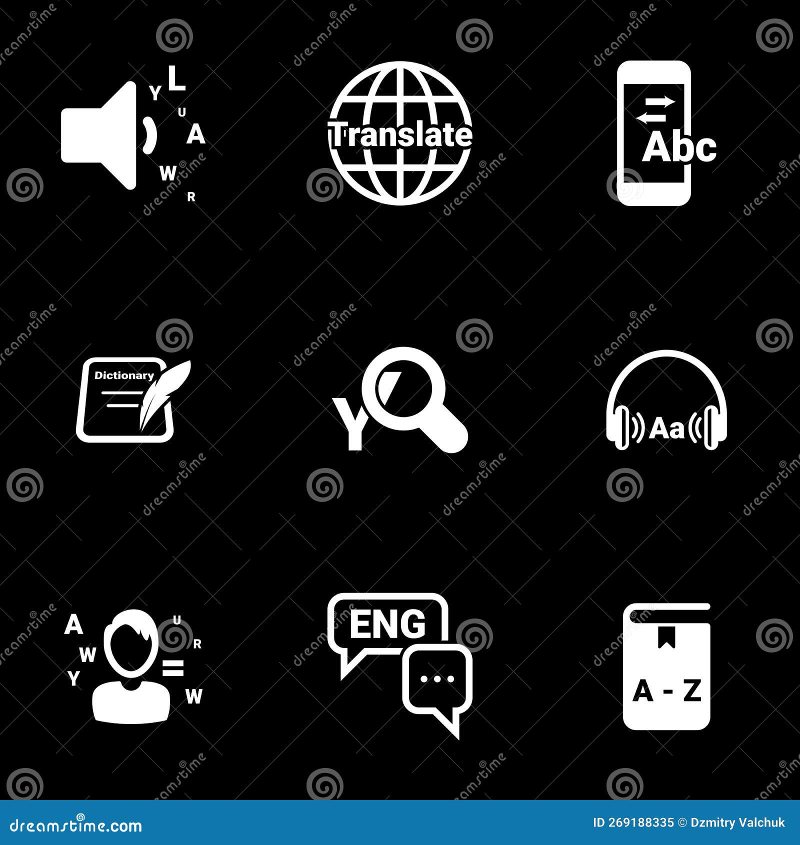 Set of Simple Icons on a Theme Dictionary, Translator, Training ...