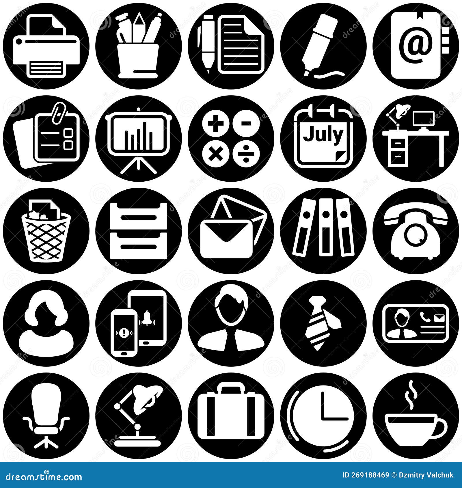Set of Simple Icons on a Theme Workspace, Time, Graph, Working, Table ...