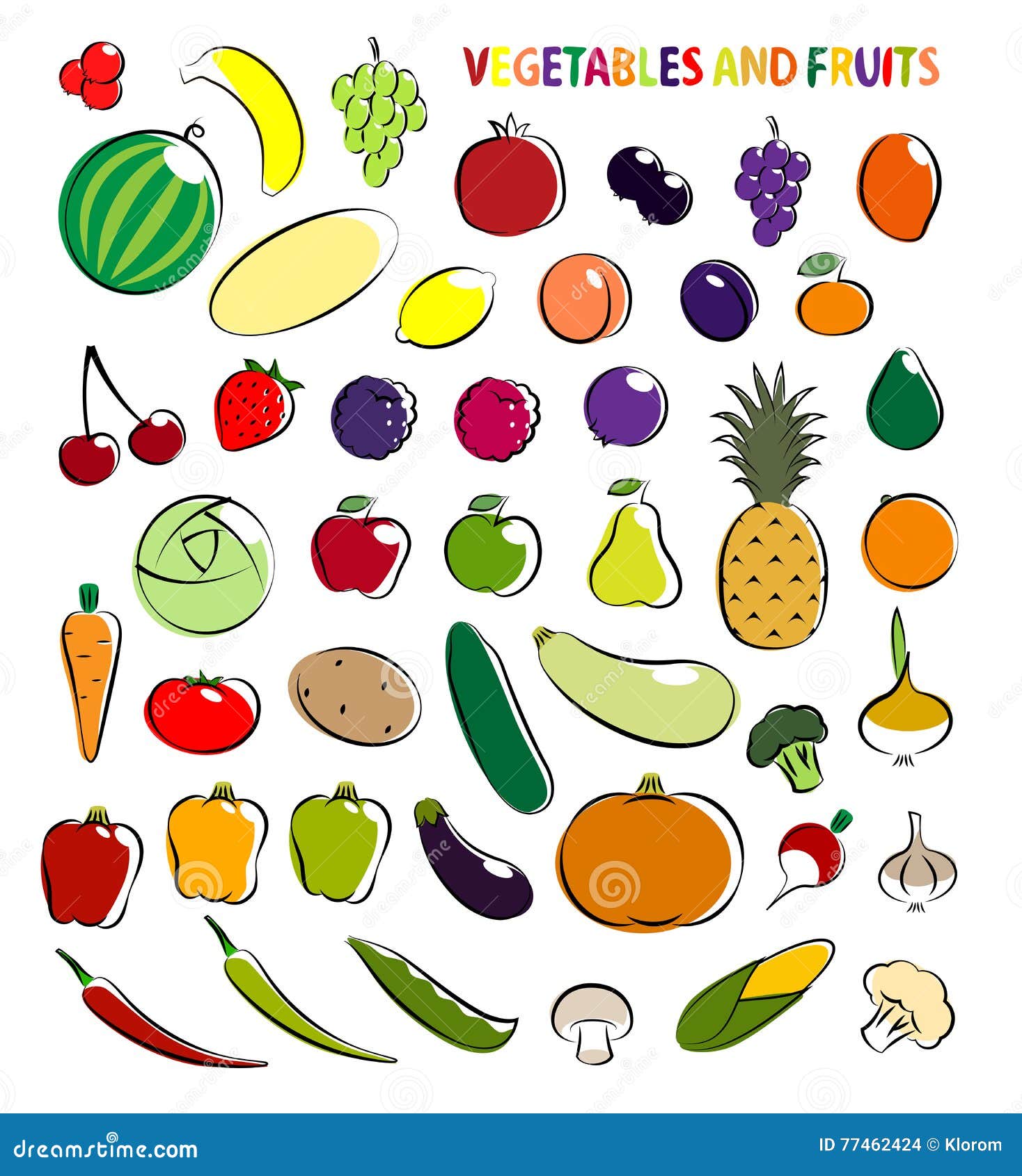 Set of Simple Images Fruit and Vegetables Stock Vector - Illustration ...