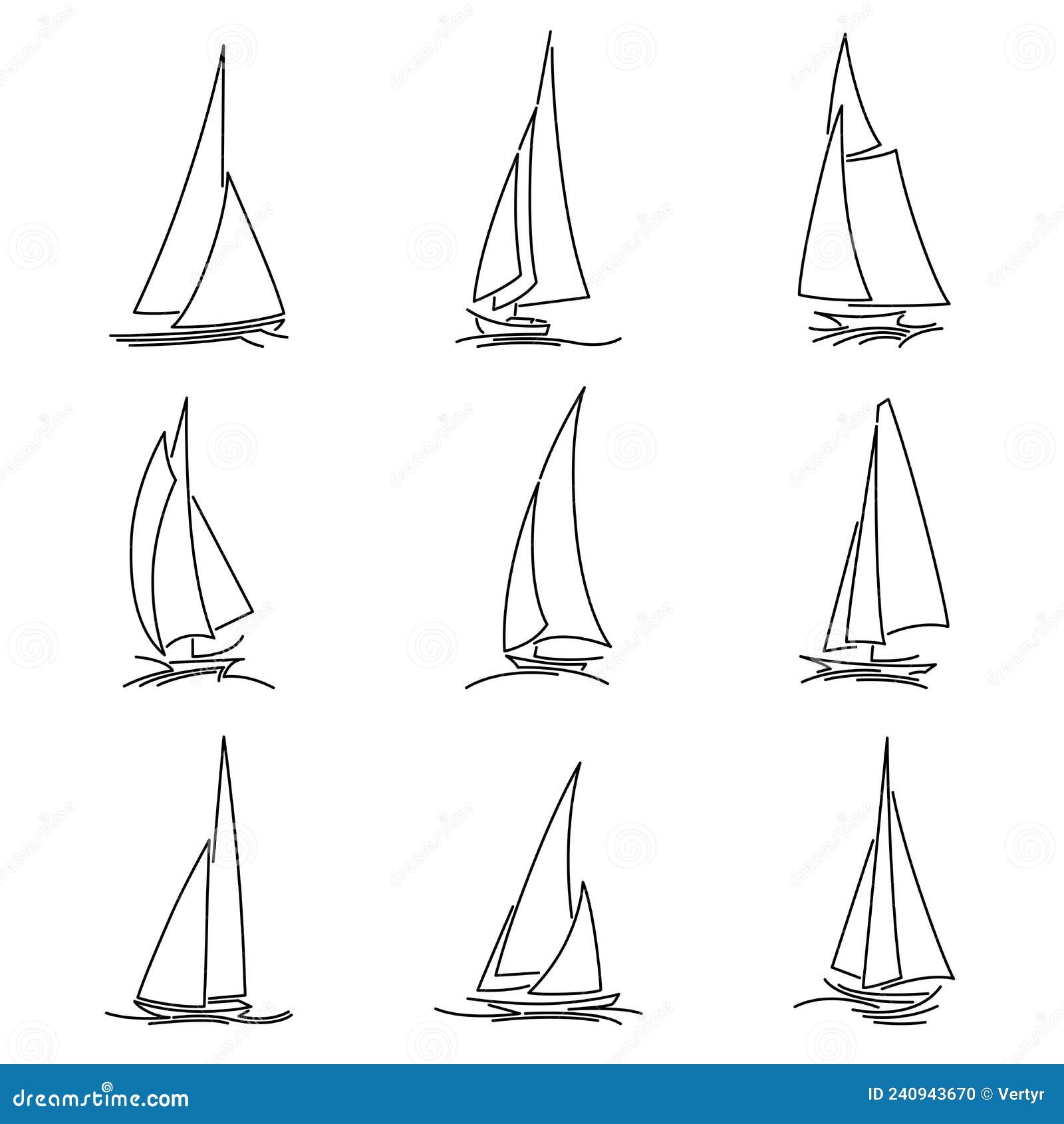 Set of Simple Images of Yachts with Triangular Sails on Waves Drawn in ...