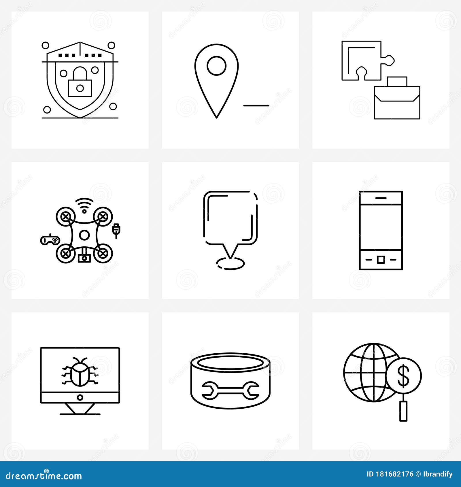 Set of 9 Simple Line Icons of Mobile, Map, Intelligence, Map Location ...