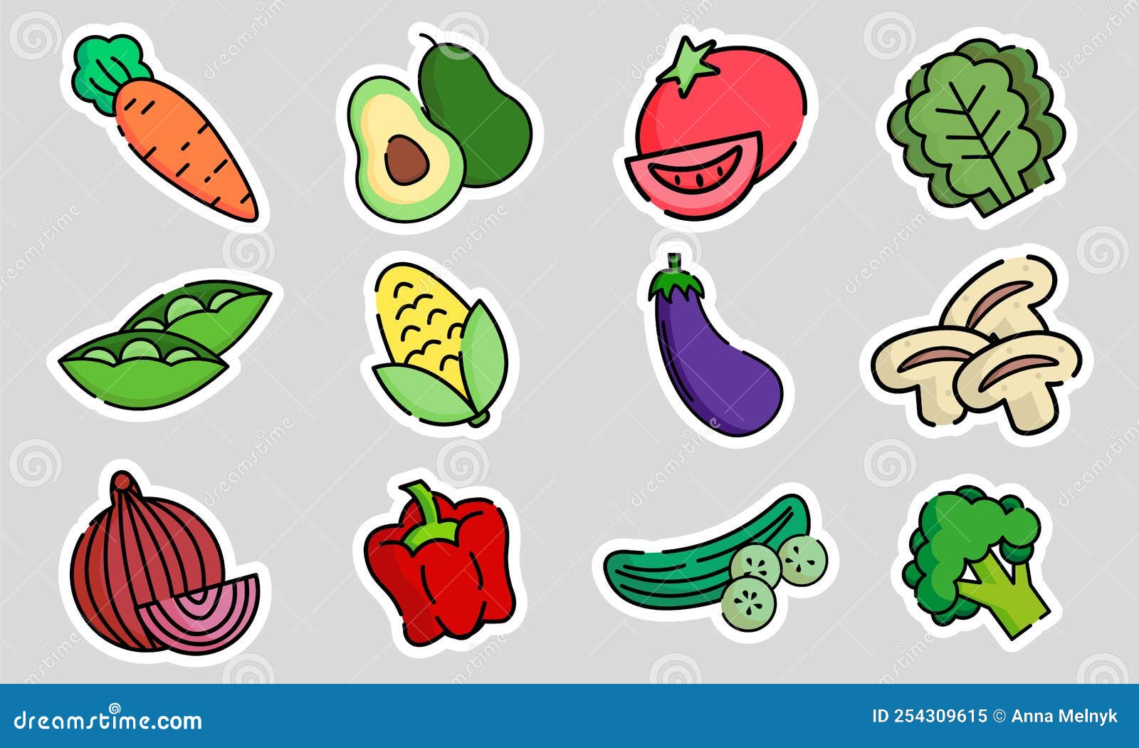 Set of Simple and Linear Stickers with Vegetables Stock Vector ...