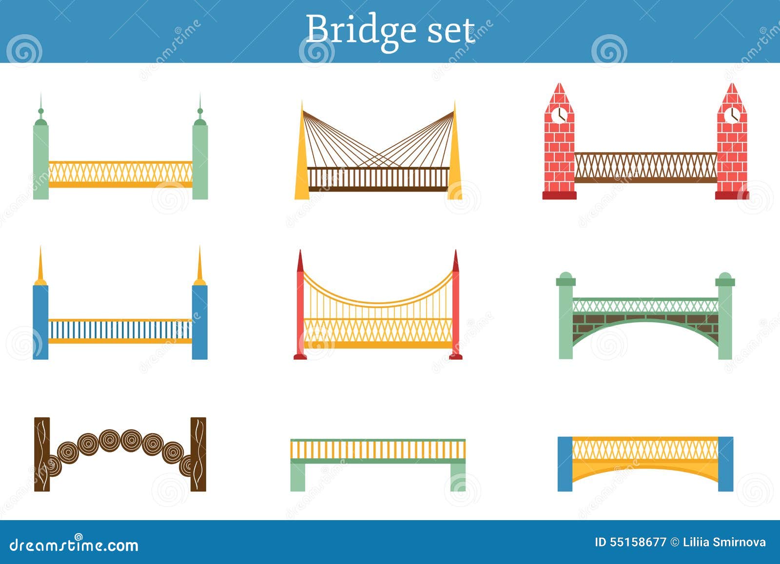 Set of Simple Modern Colorful Bridge Icons Stock Vector - Illustration ...