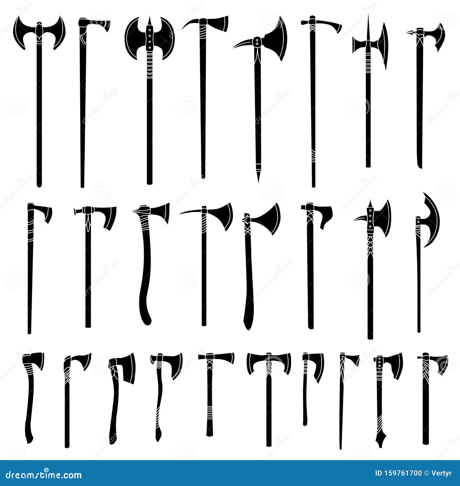 Set of Simple Monochrome Images of Medieval Axes and Hatchets. Stock ...