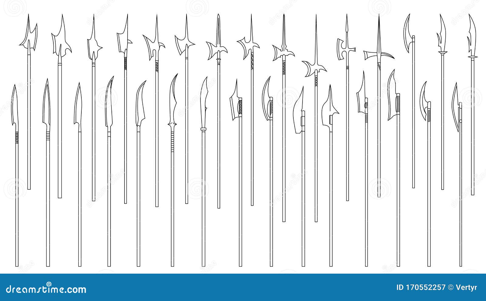 Set of Simple Monochrome Images of Medieval Poleaxes and Halberds Drawn ...
