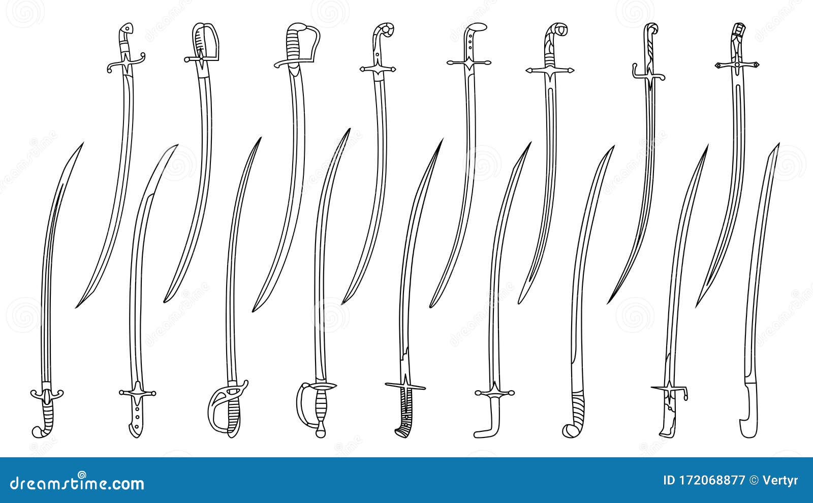 Set of Simple Monochrome Images of Saber Swords Drawn by Lines. Stock ...