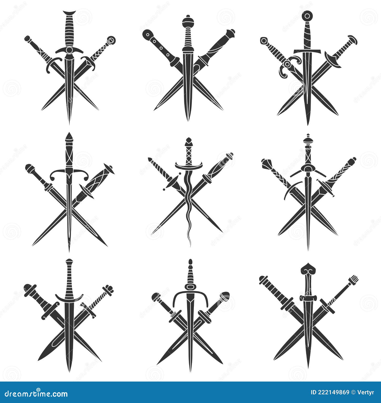 Set of Simple Monochrome Vector Images of Medieval Crossed Dagger Stock ...