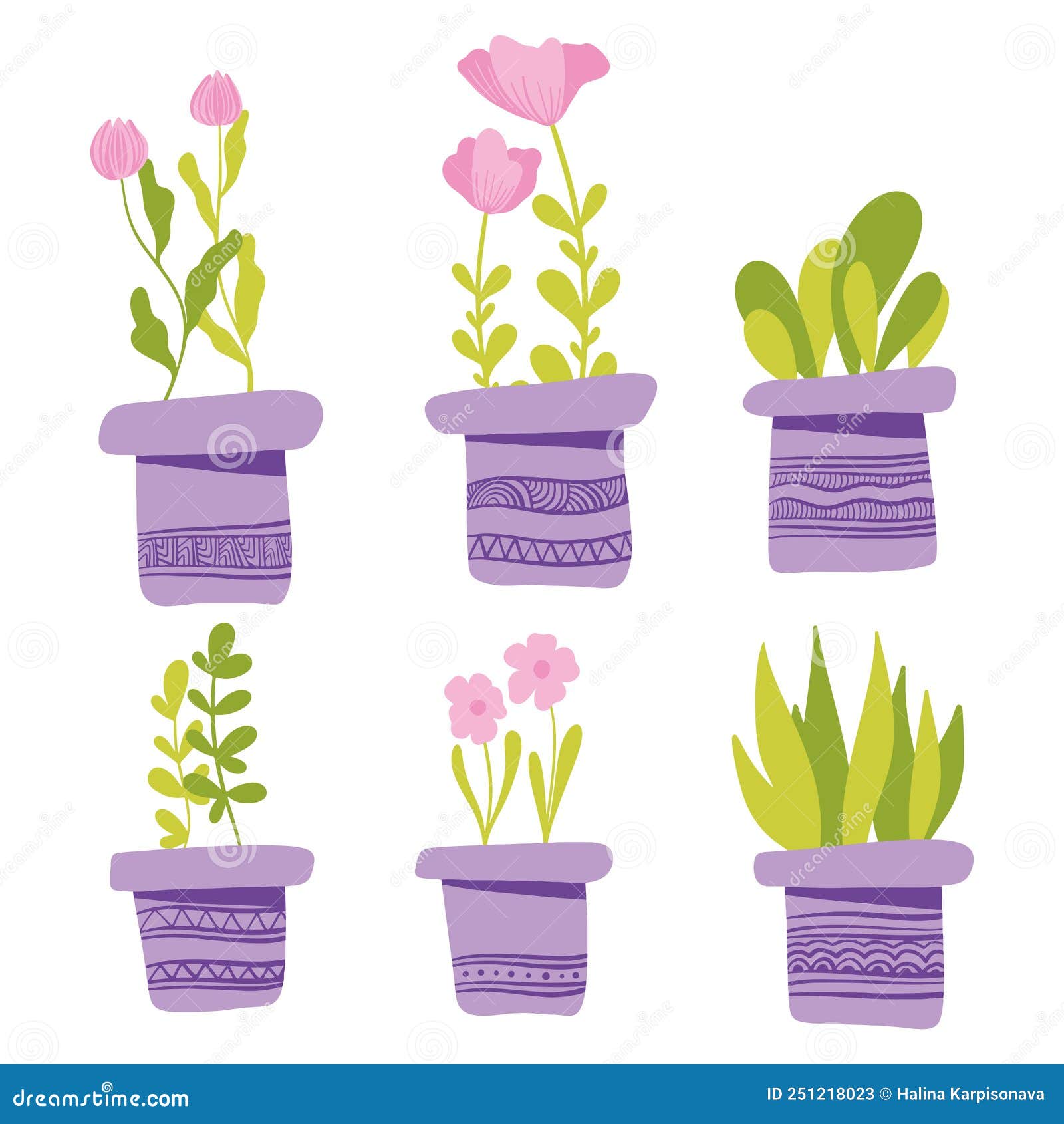 Set of Simple Vector Houseplants and Flowers in Pots. Vector Flat ...