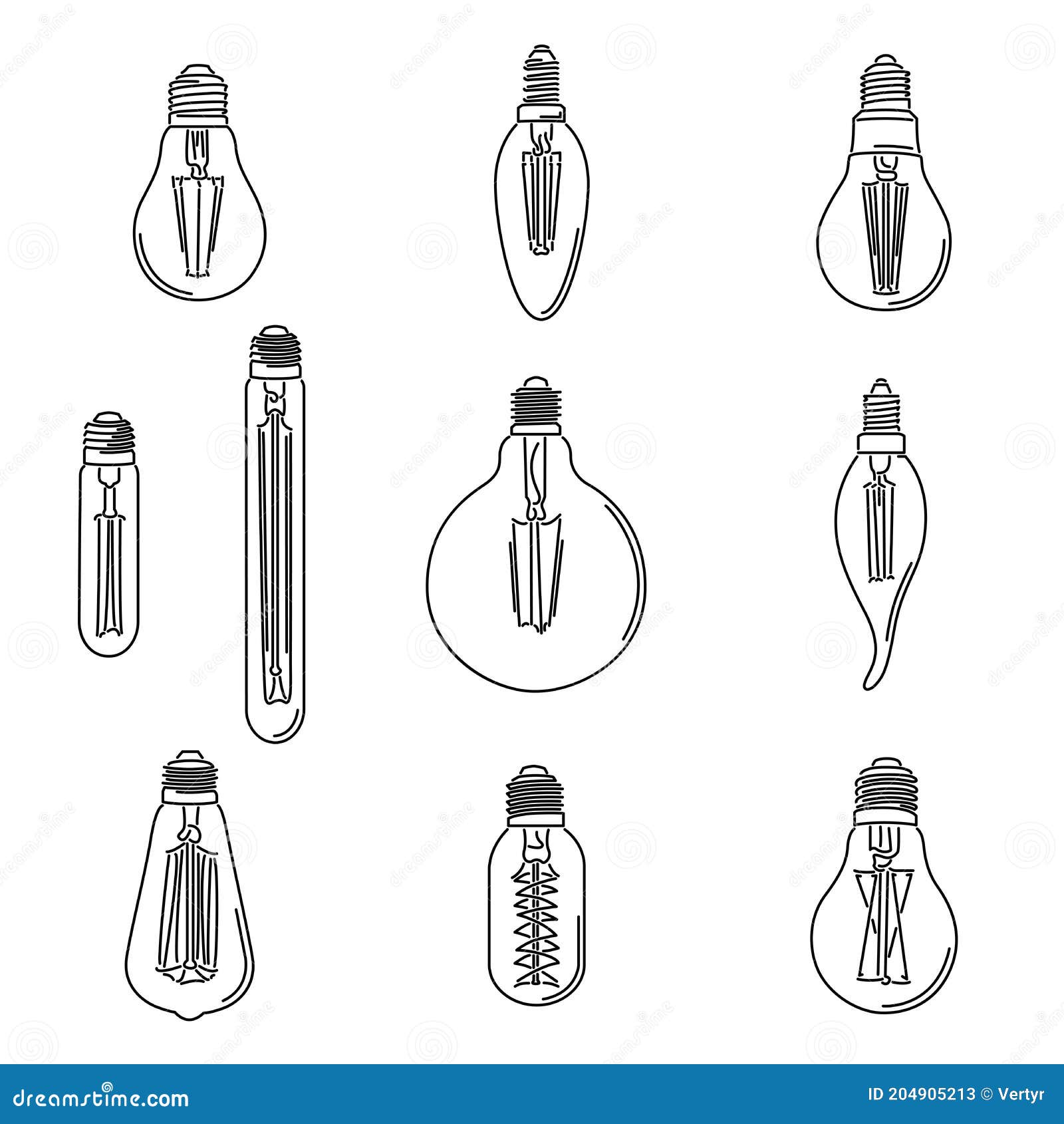 Set of Simple Vector Images of Diode Light Bulbs Drawn in Art Line ...