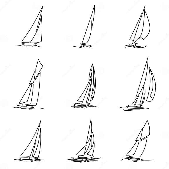 Set of Simple Vector Images of Yachts with Triangular Sails on Waves ...