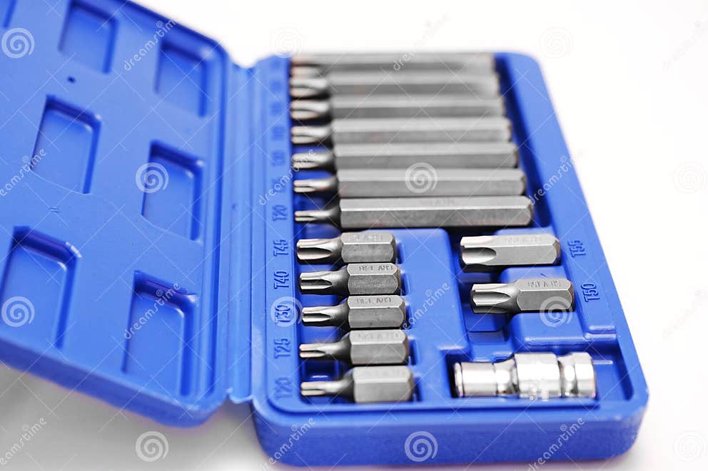A Set of Single-sided Chrome Steel Bits in a Blue Plastic Box Stock ...