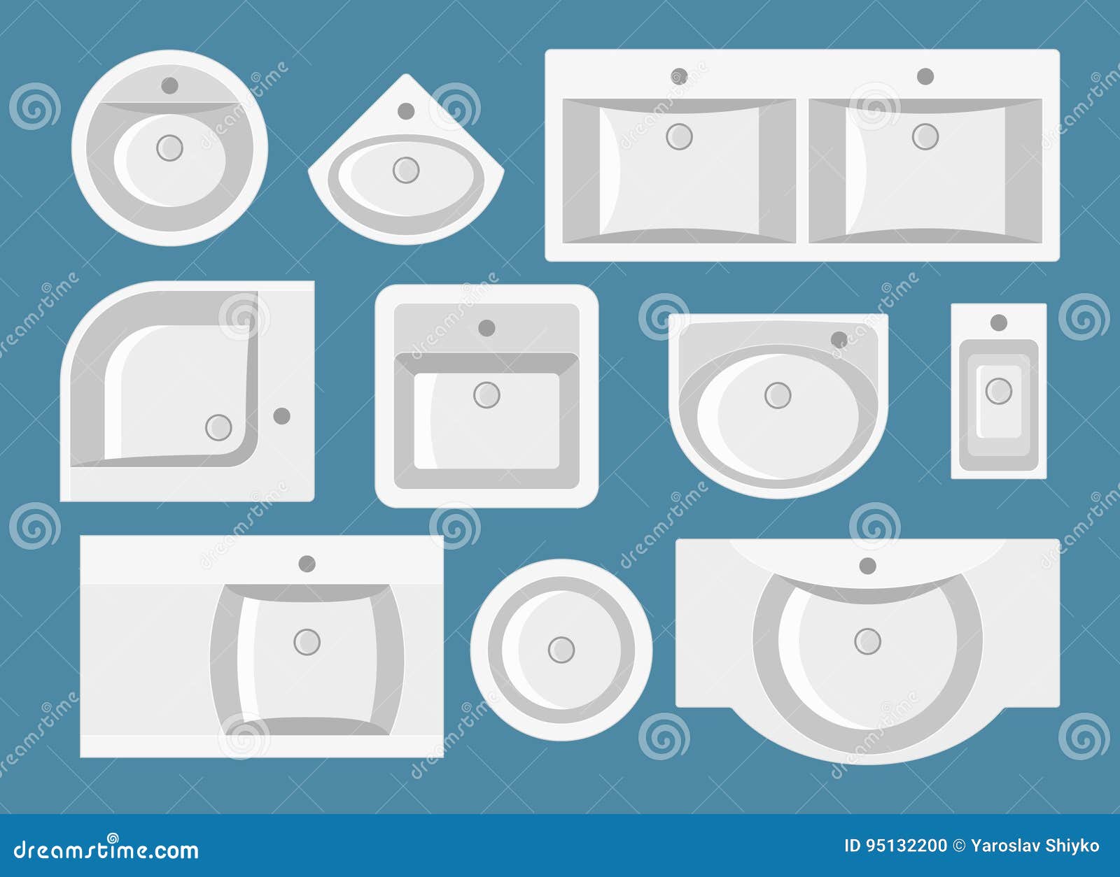 Sinks Top View Collection. Set Of Different Wash Basin Types. Cartoon ...