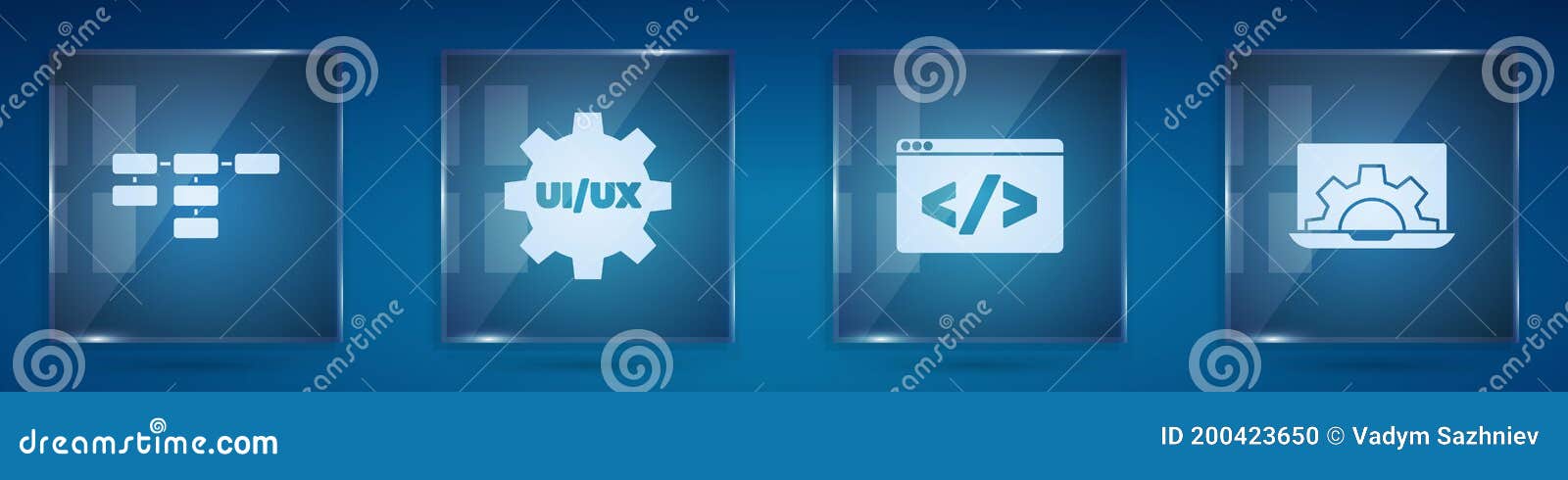 Set Site Map, UI or UX Design, Front End Development and Web. Square Glass Panels Stock ...